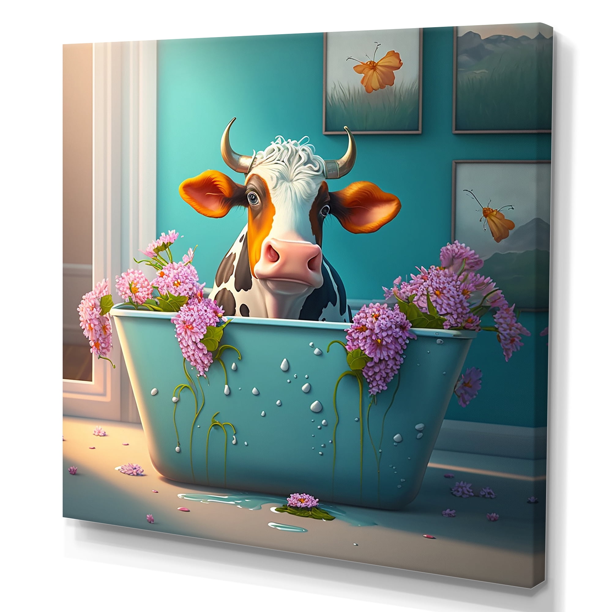Designart Cartoon Cow Seating On The Toilet II Canvas Wall Art ...