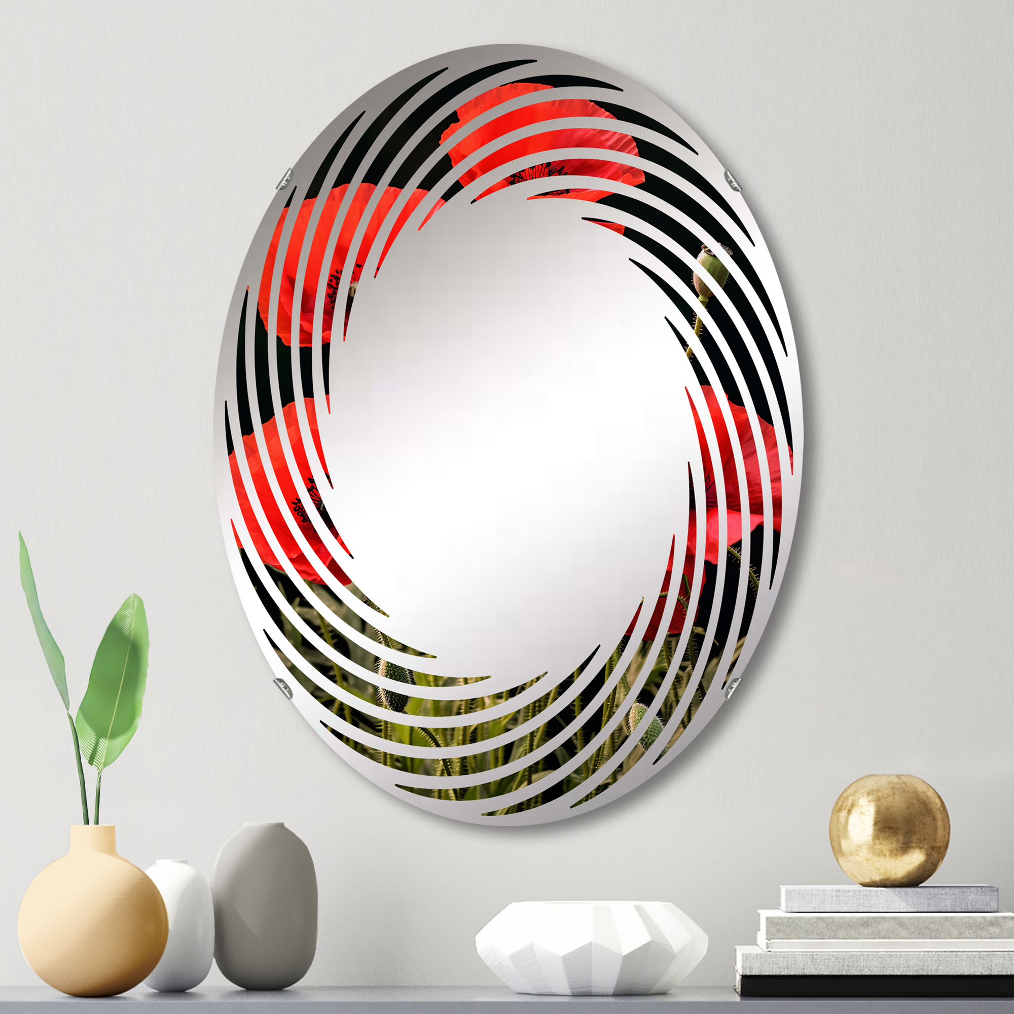 Designart "Cascade of Crimson Poppies" Poppies Spiral Round Wall Mirror ...