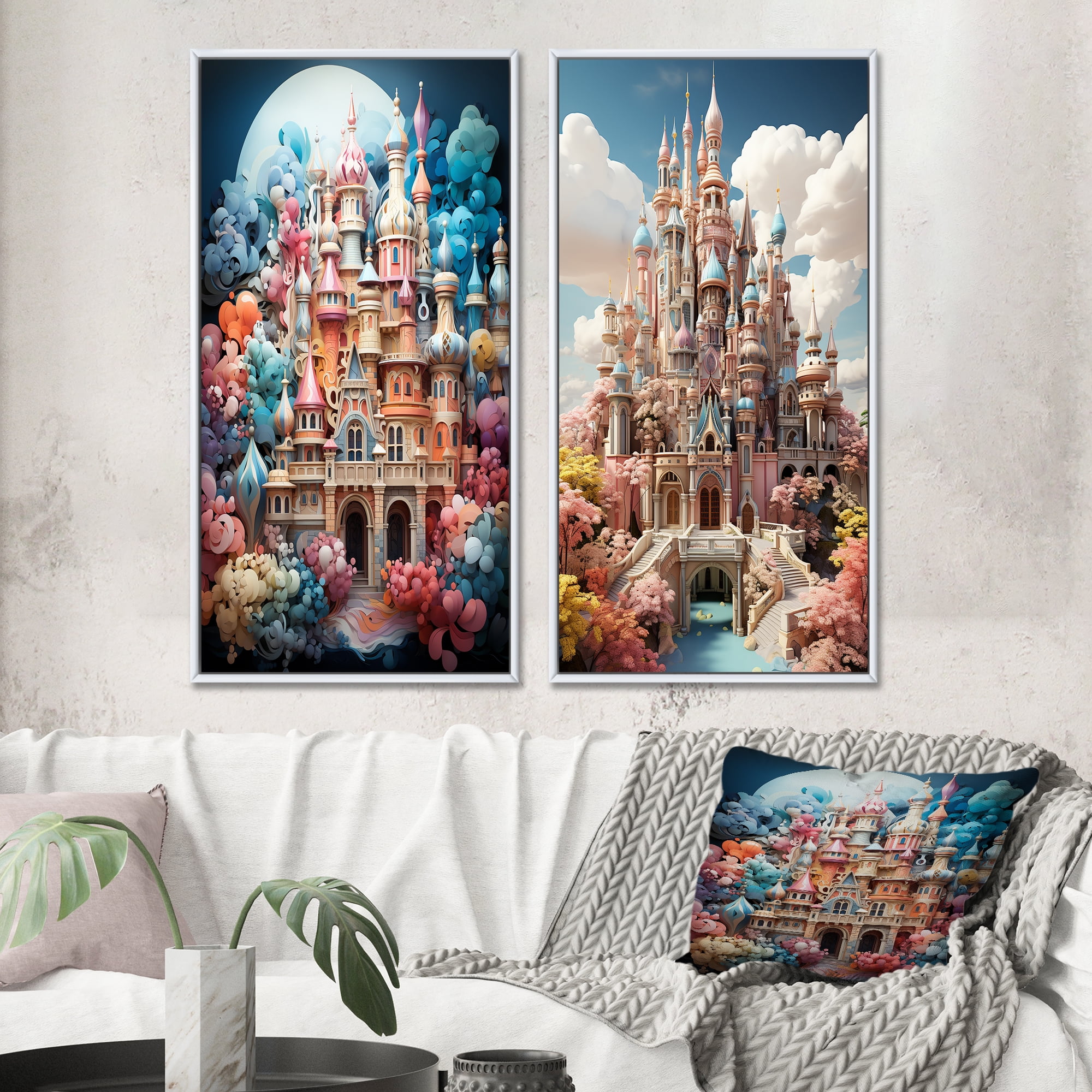 Designart "Castles curious Wonder Pastel I" Castles Framed Wall Art Set ...