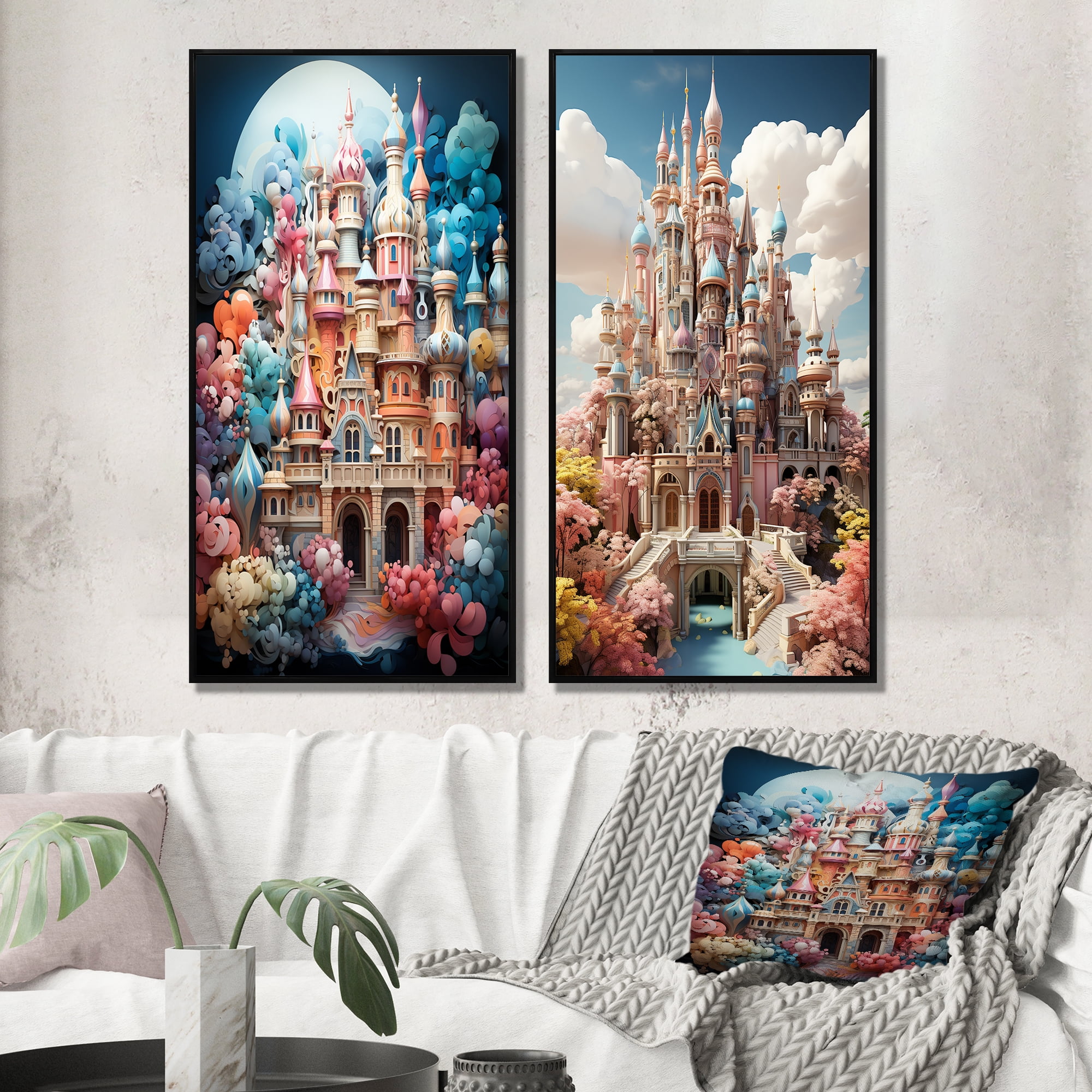 Designart "Castles curious Wonder Pastel I" Castles Framed Wall Art Set ...