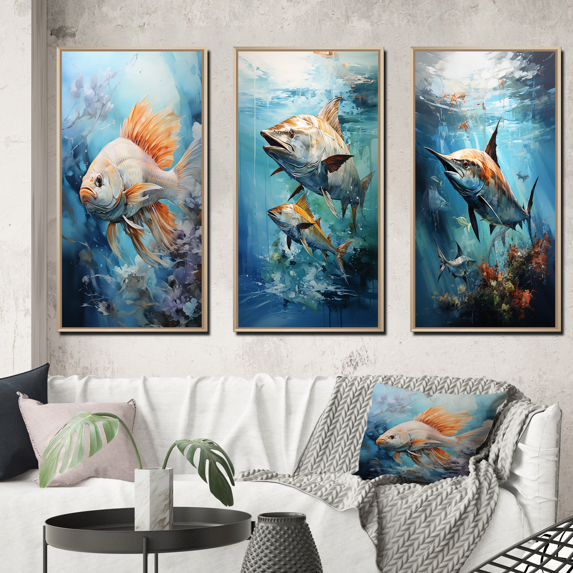 Designart "Catching Majestic Fish" Animals Framed Wall Art Set Of 3 ...