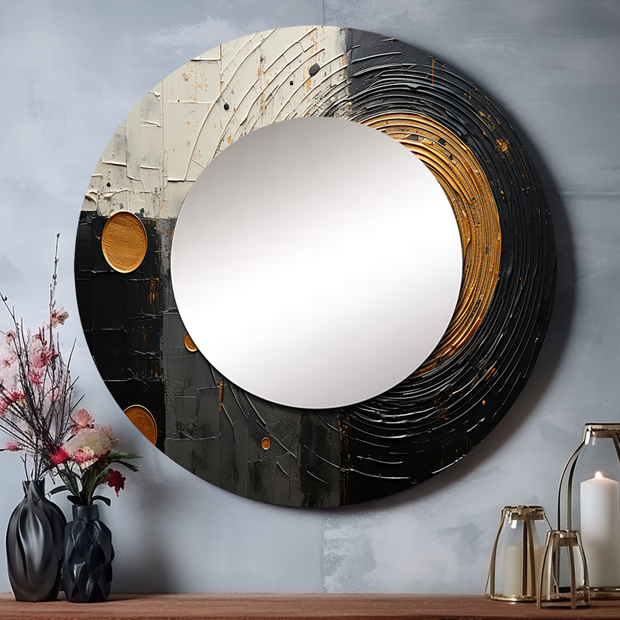 Designart "Celestial Mirage Gold and Black Saturn I" Saturn Rund Mirror ...