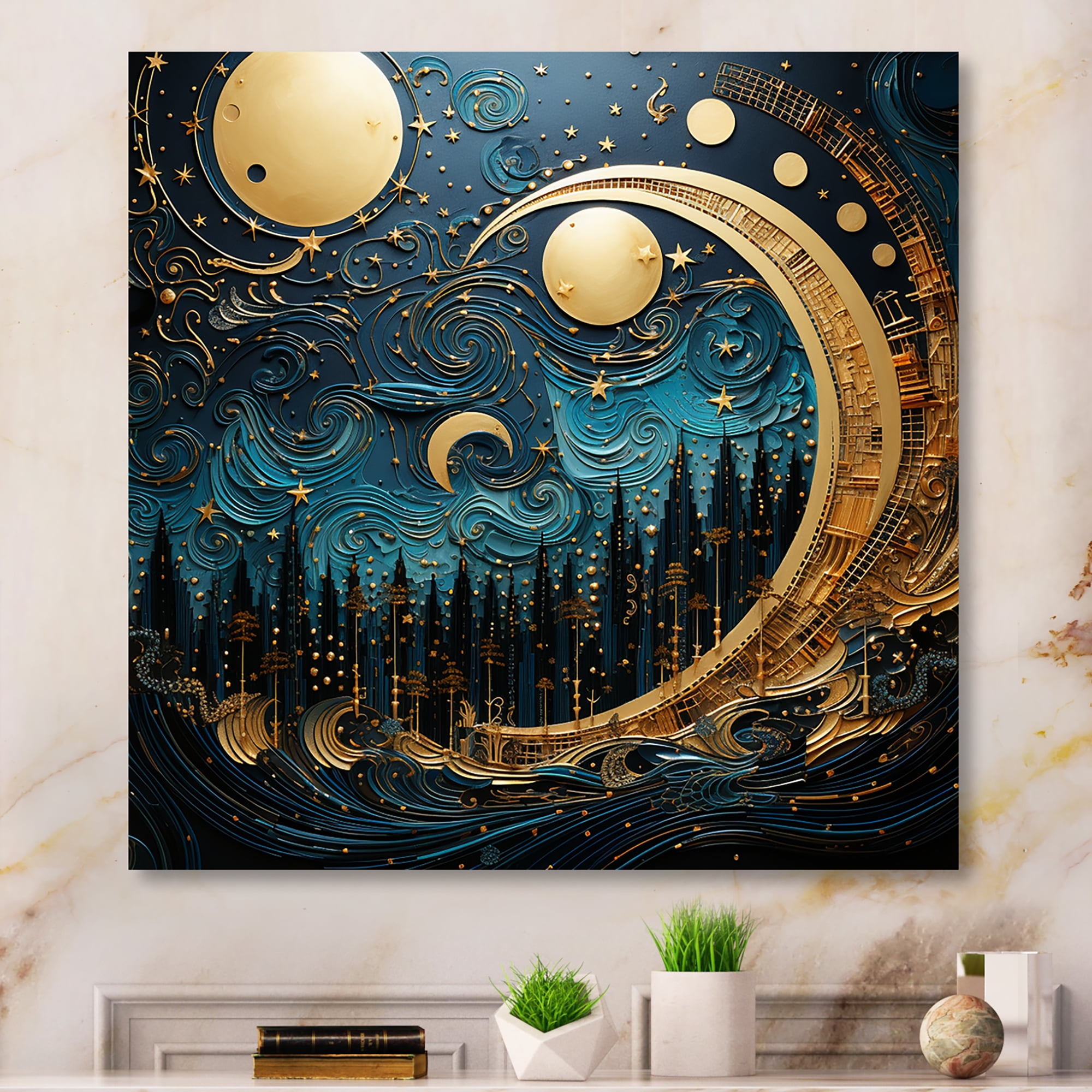 Designart "Cerulean Cycle Dreams: Moon In Blue And Gold I" Moon Canvas ...