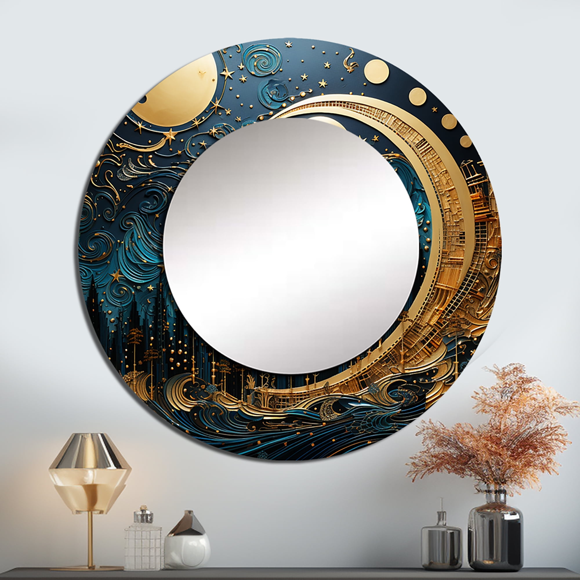 Designart "Cerulean Cycle Dreams: Moon In Blue And Gold" Moon Blue ...