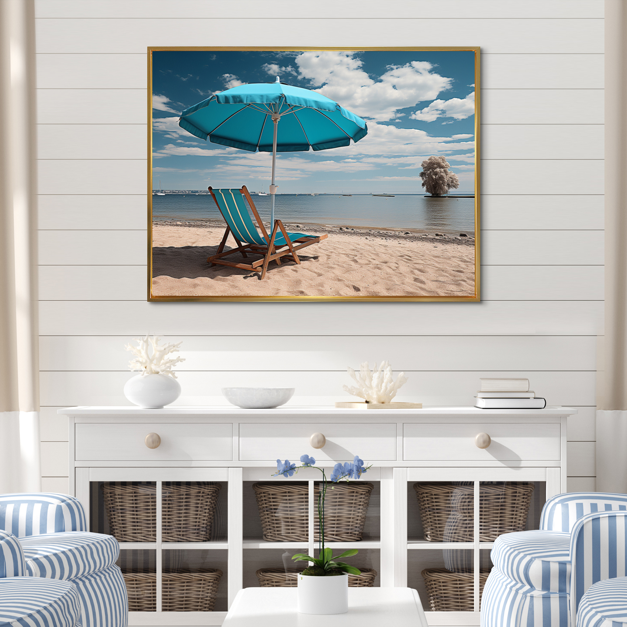 Designart "Chair Monochrome Blue Beach art painting II" Nautical ...