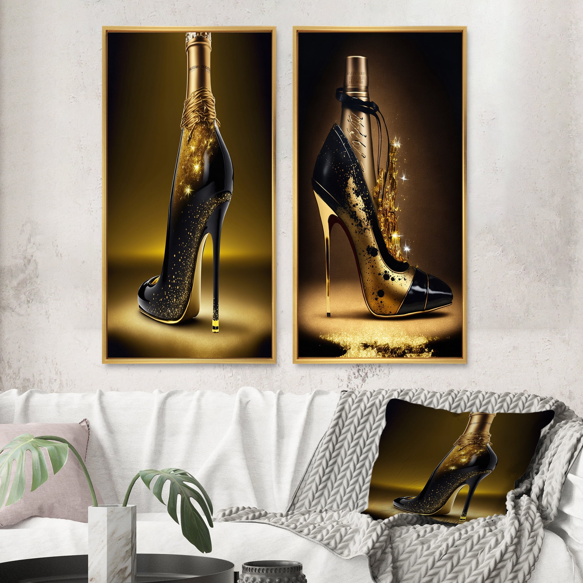 Designart "Champagne-Tinged Golden High Heel II" Fashion Framed Wall ...