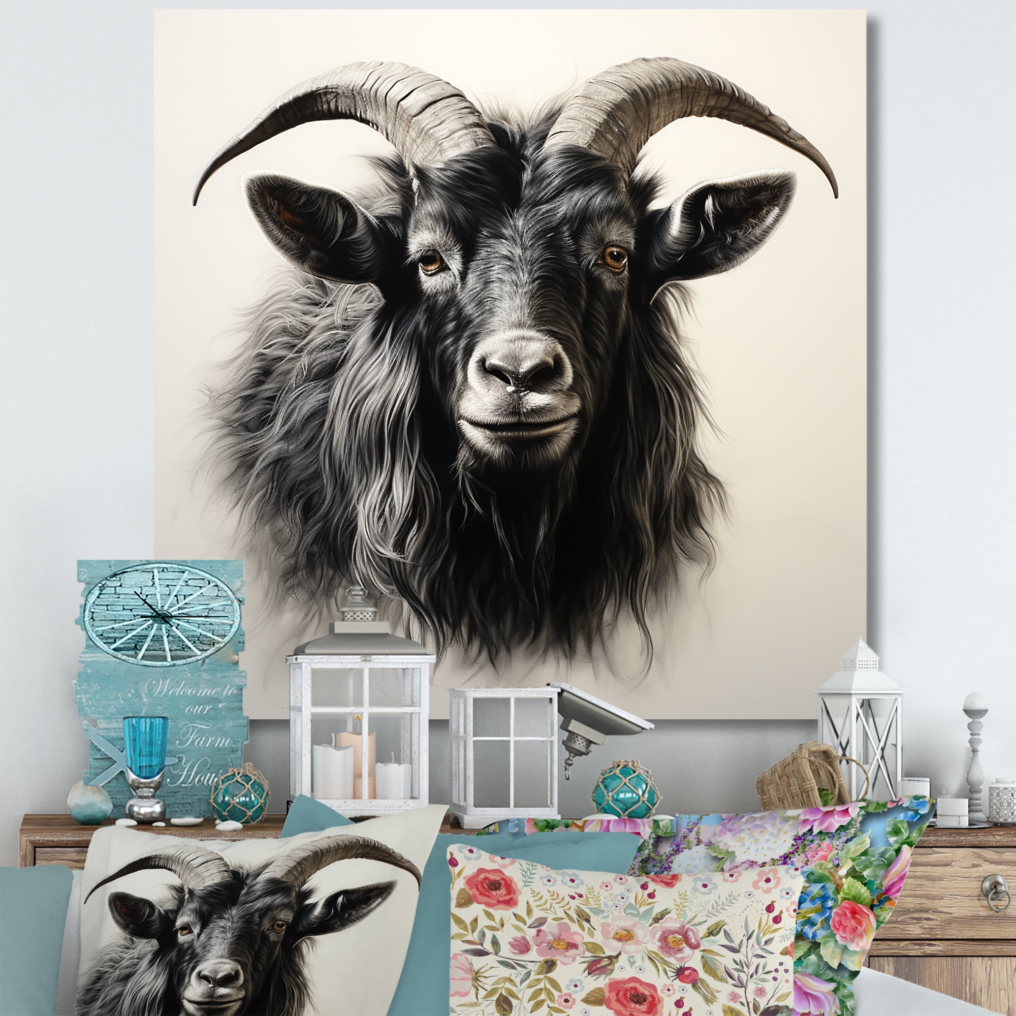Designart "Charcoal Goat Portrait in Black III" Animals Wall Art ...