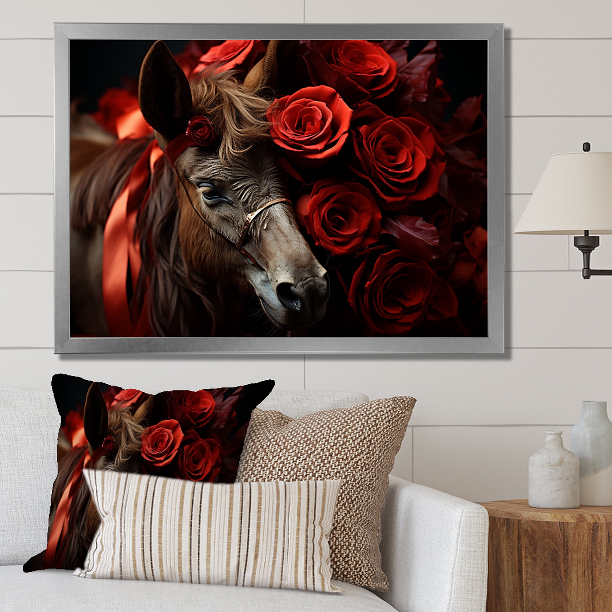 Designart "Charming Donkey Portrait with Black and Red Roses" Animals ...