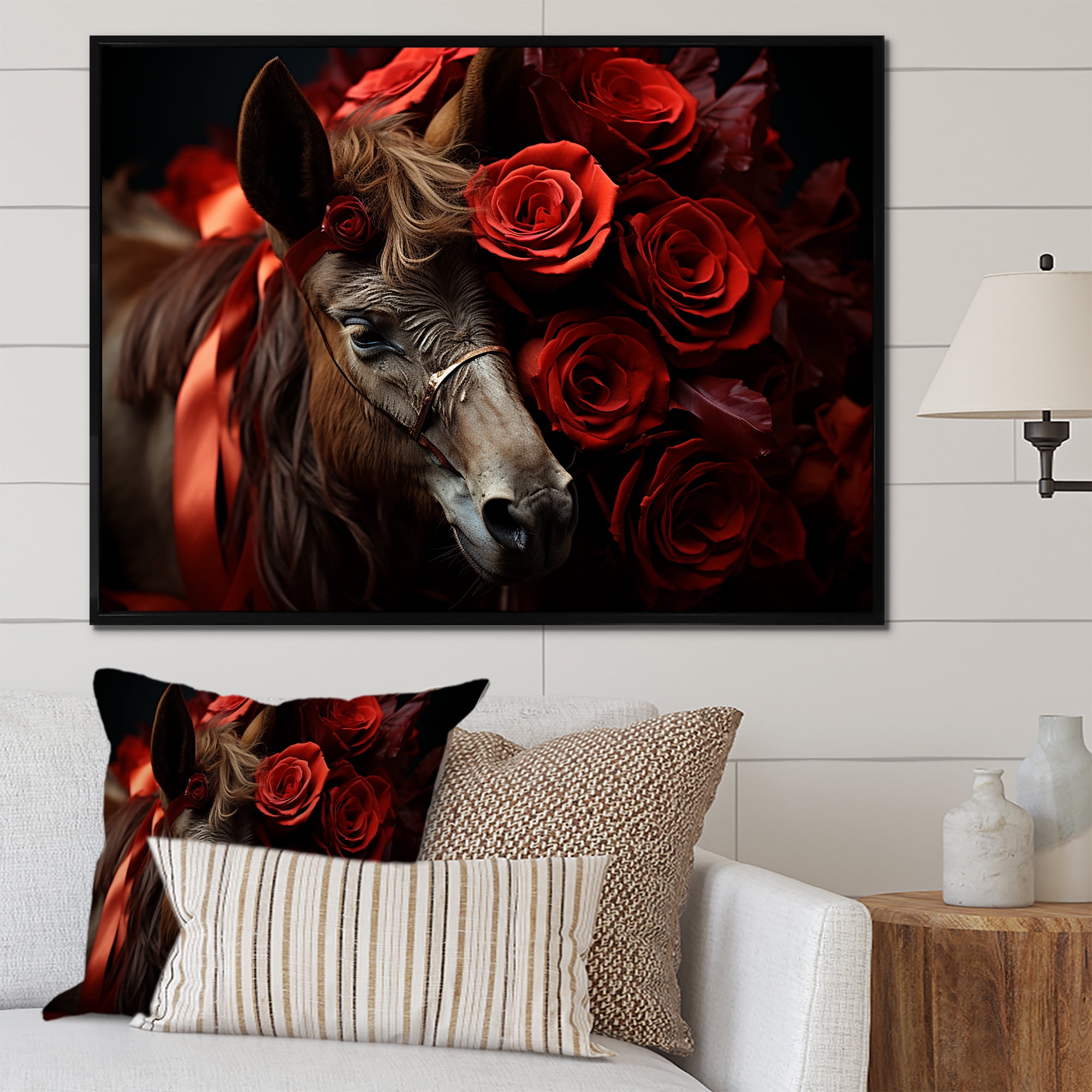 Designart "Charming Donkey Portrait with Black and Red Roses" Animals ...