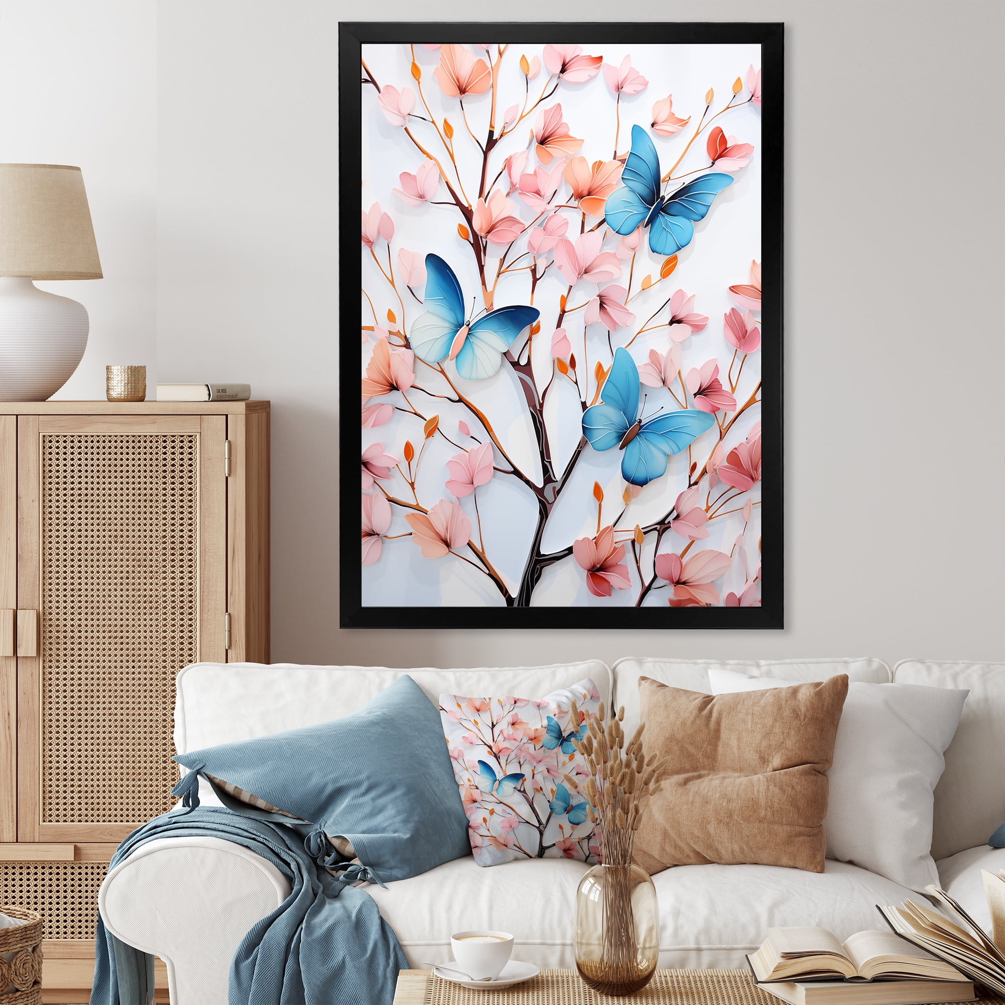 Designart "Charming Pink and Blue Spring Butterflies" Animals Framed ...