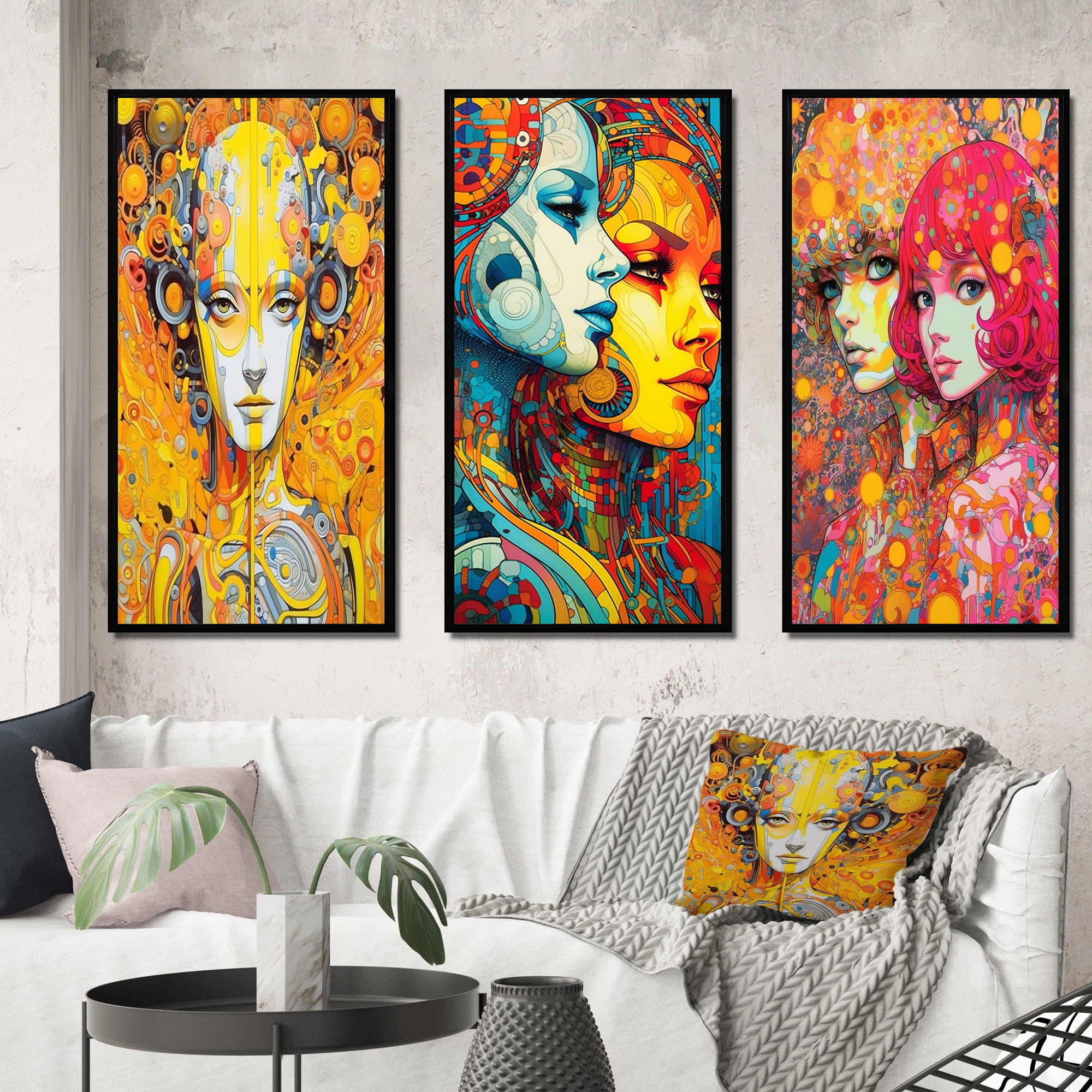 Designart "Charming Robots in Love Retro Art" Robot Framed Wall Art Set ...