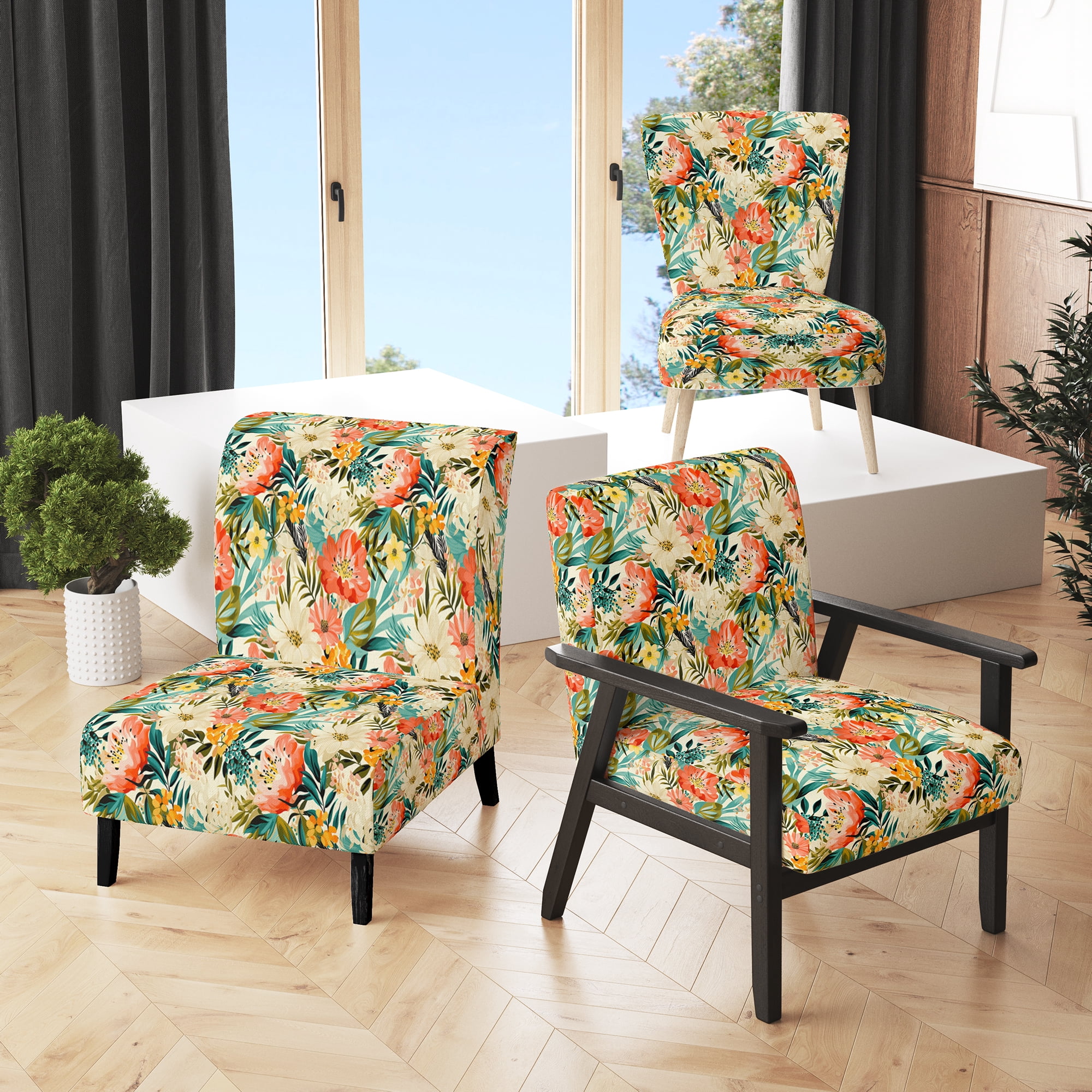 Designart "Cheetha Floral Pattern Ii" Upholstered Tropical Accent Chair ...