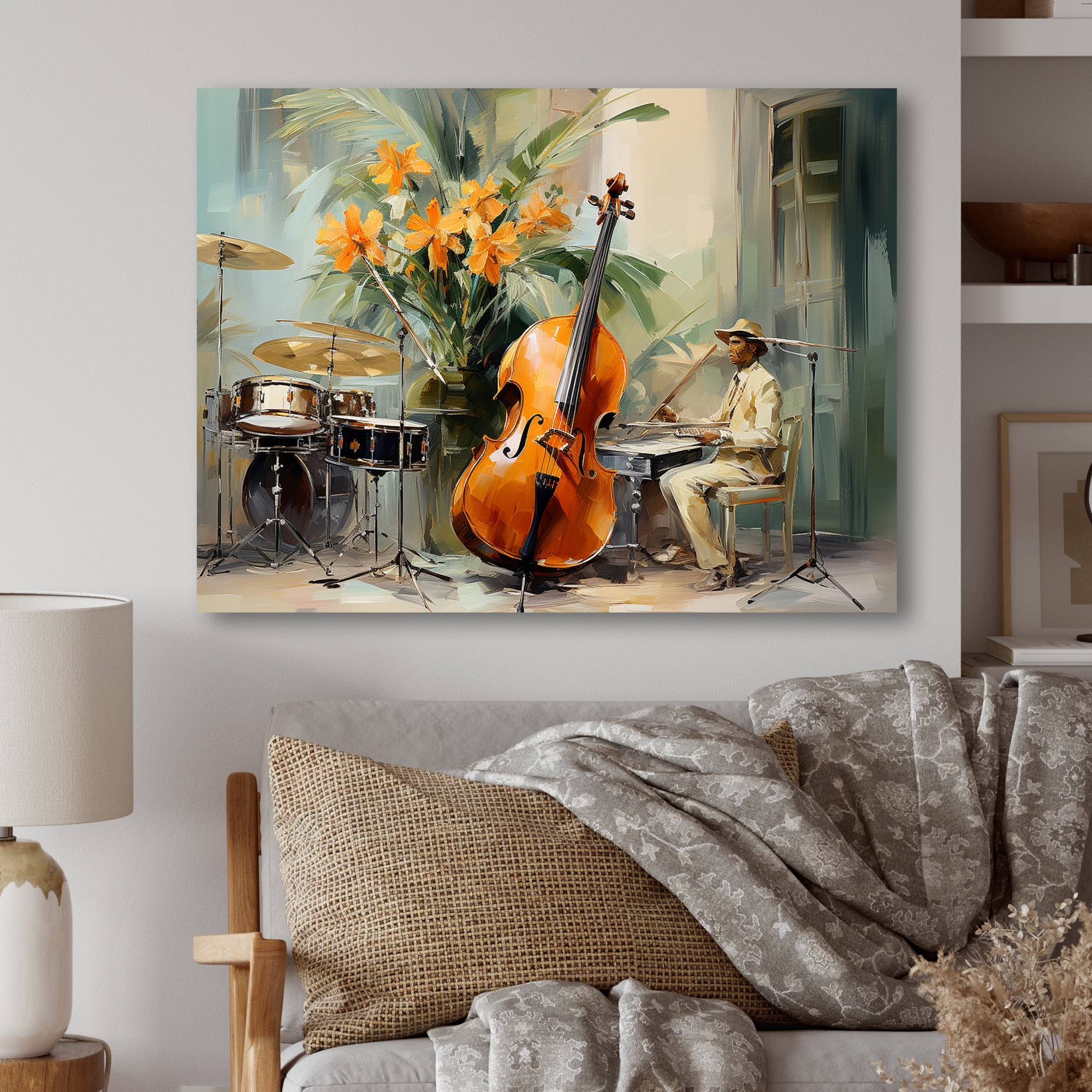 Designart "Chello Jazz Rhythms In Yellow and Green"Music Metal Wall Art ...