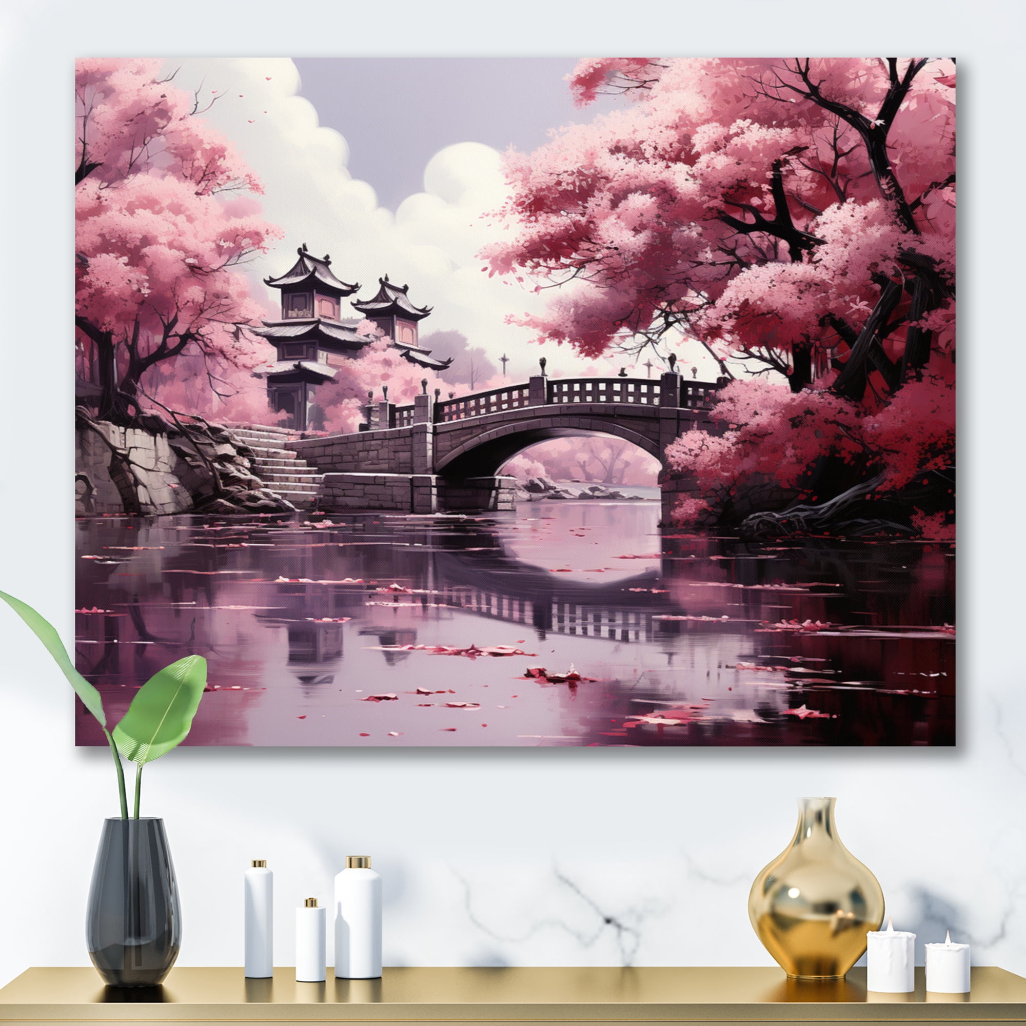 Designart "Cherry Blossom Pink Bridge Japon Art" Japanese Canvas Wall ...