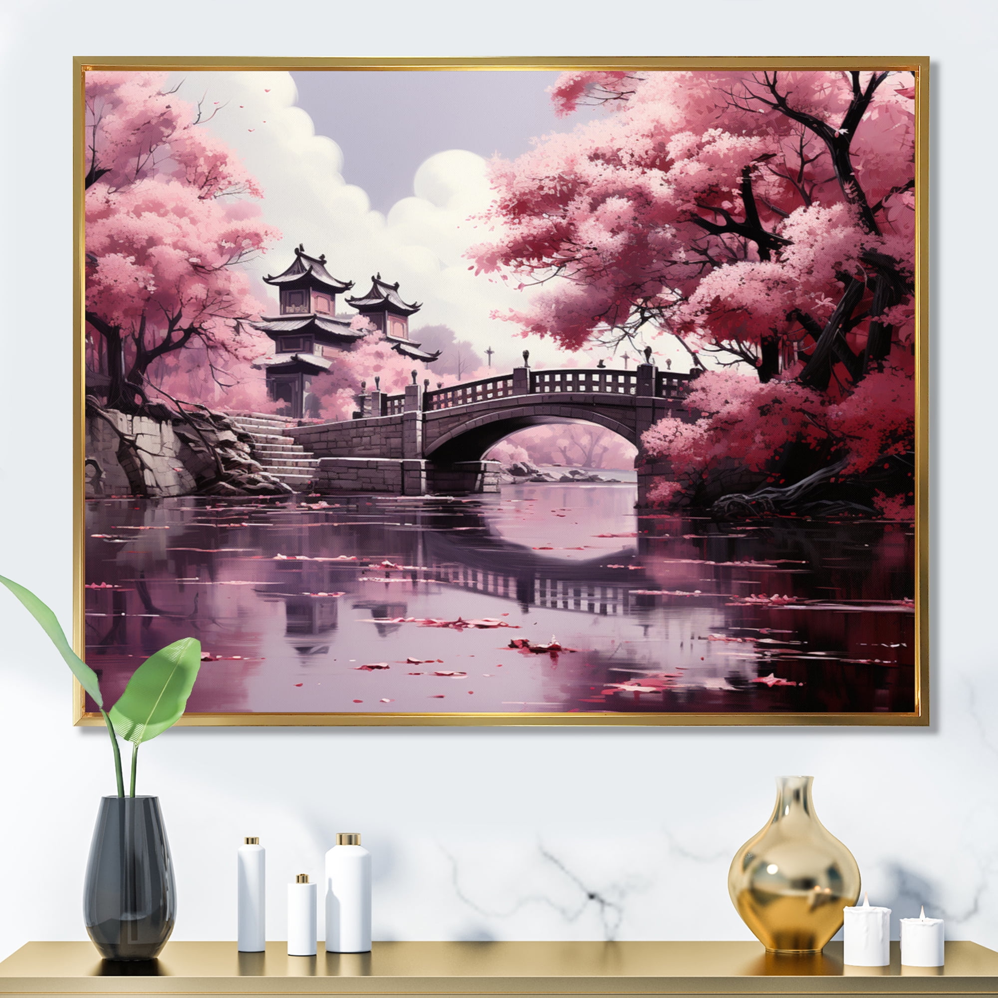 Designart "Cherry Blossom Pink Bridge Japon Art" Japanese Floater ...