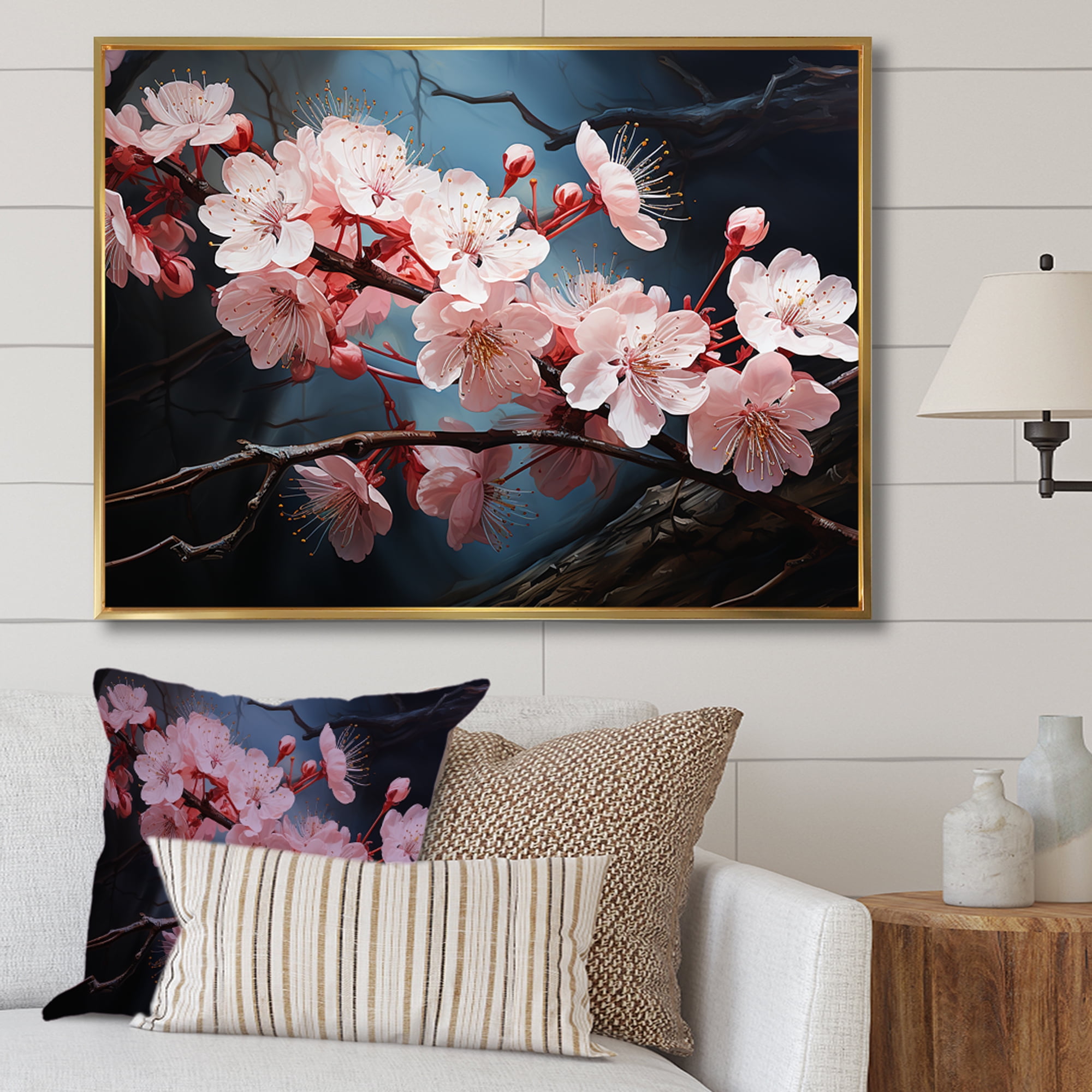 Designart "Cherry Blossoms Tree at Night in Pink I" Floral Framed Wall ...