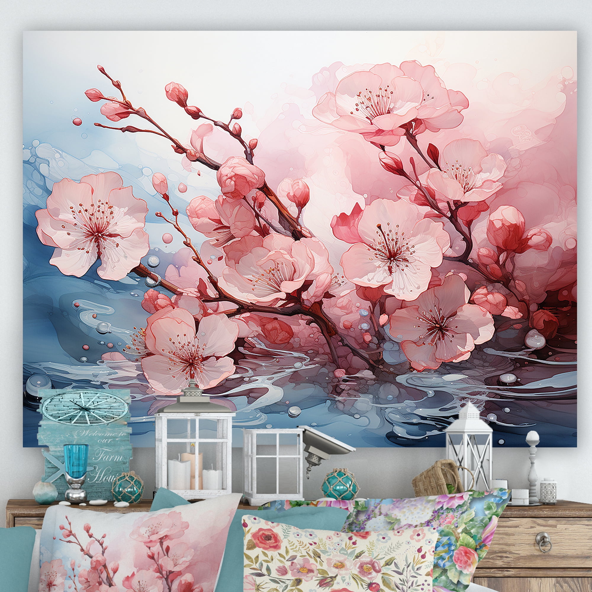 Designart "Cherry Tree Bloom in White and Pink VI" Floral Wall Art ...