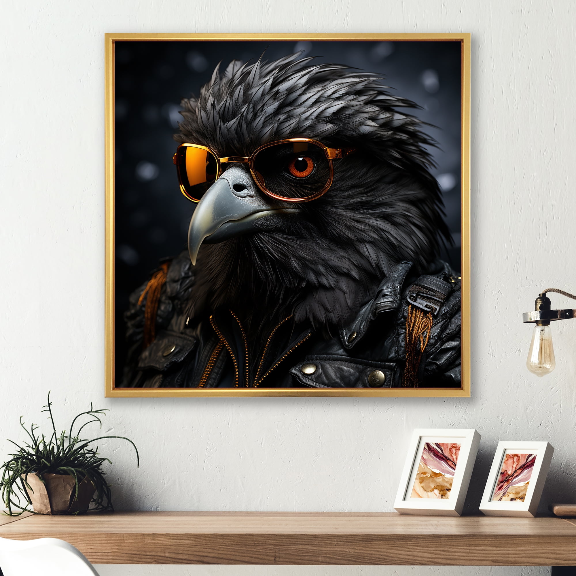 Designart "Chic Ebony Avian Noir Flyers" Animals Bird Floater Framed ...