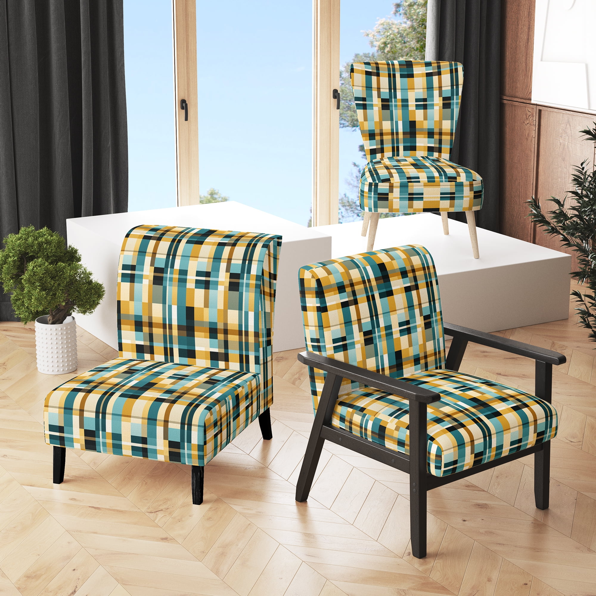 Designart "Chic Gingham Stripes In Sunny Yellow" Yellow strip ...