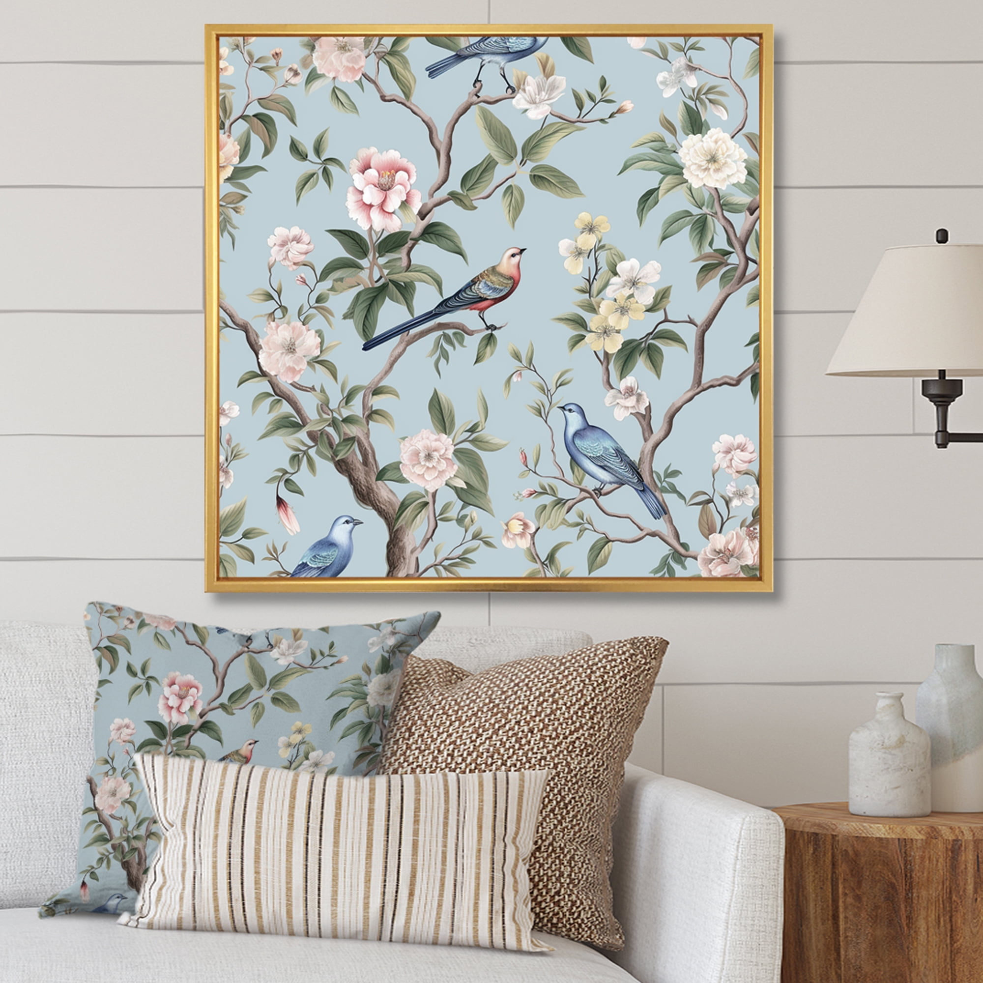 Designart "Chinoiserie Peonies And Aviary" Animals Bird Floater Framed ...
