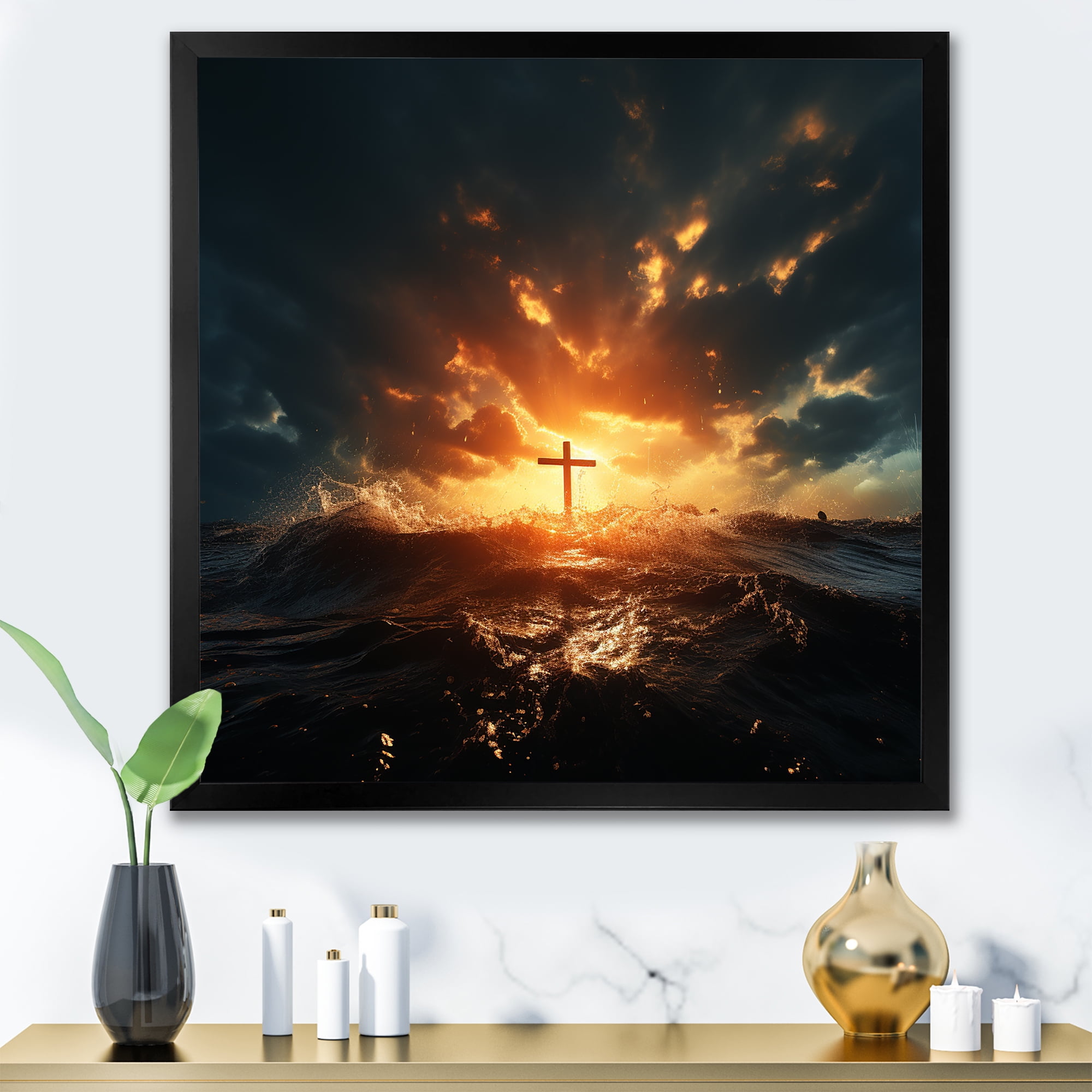 Designart "Christian Symbolism Heavenly Cross I" Spiritual Framed Wall ...
