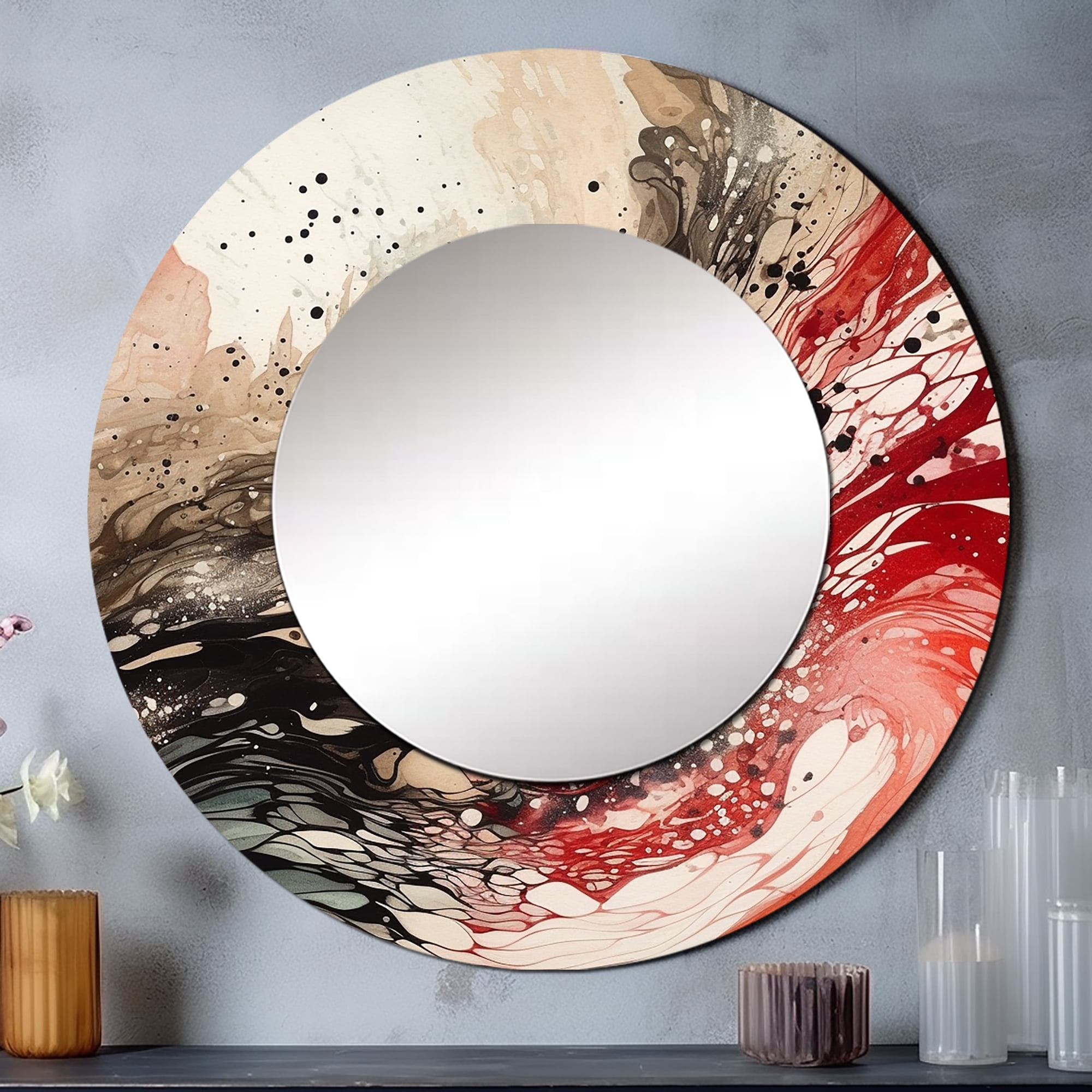 Designart "Chromatic Agate in Red and Black I" Abstract Round Mirror ...