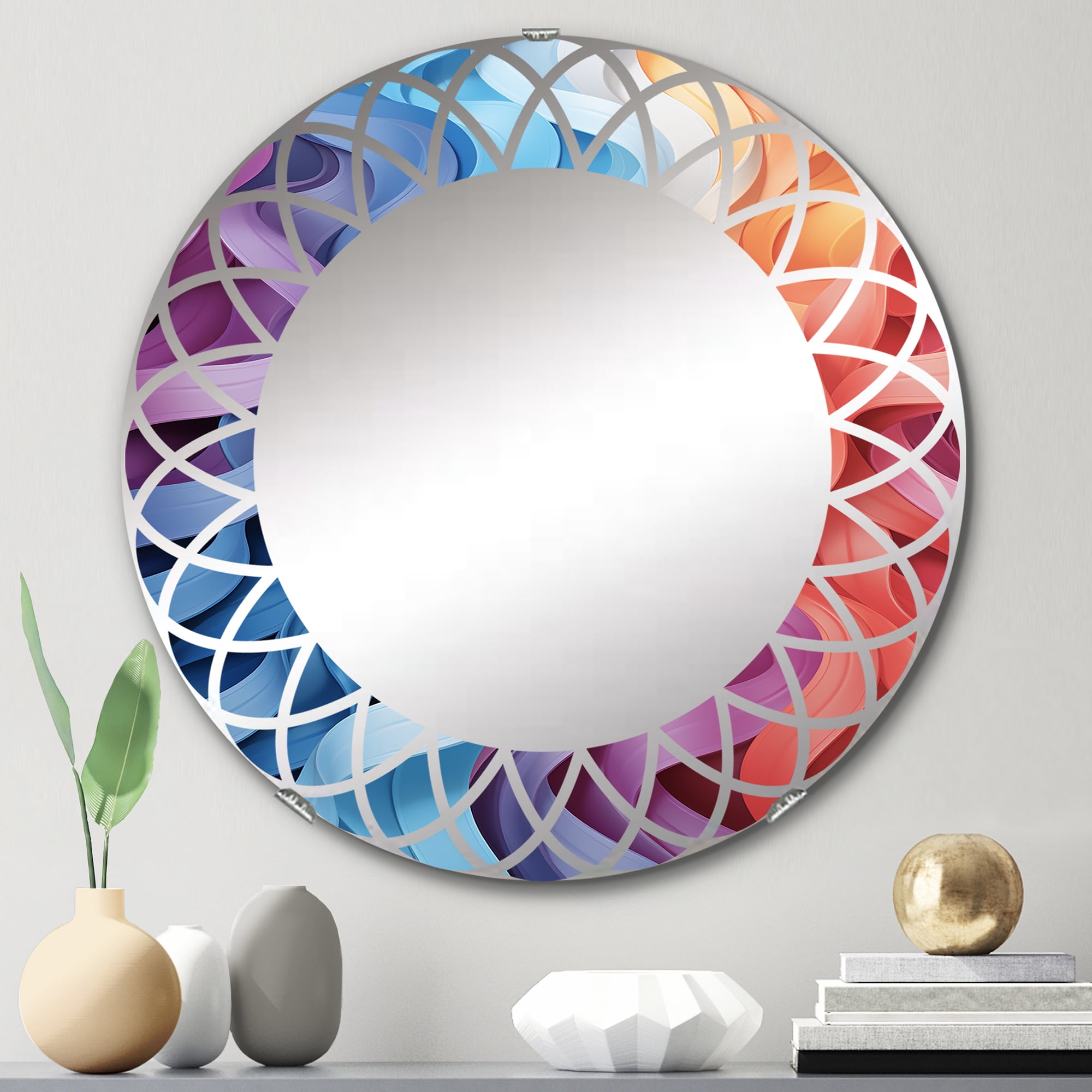 Designart "Chromatic Delirium Opt Art wall art VI" Abstract Round Wall Mirror - Modern Oval ...