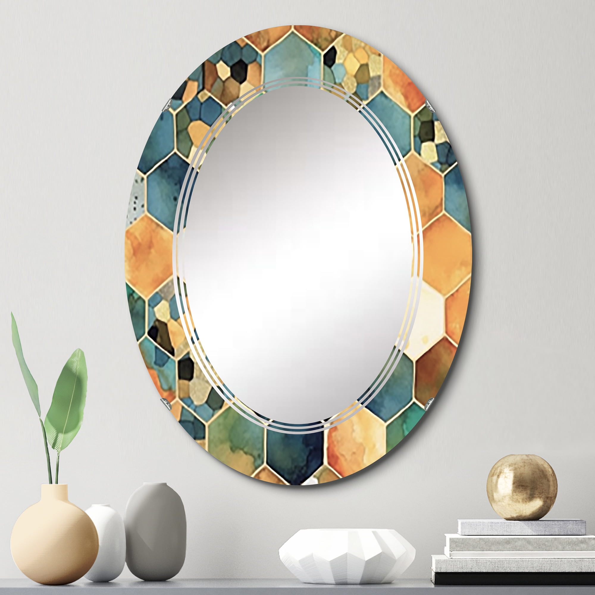 Designart "Chromatic Hexa Mirage III" Abstract Shapes Round Wall Mirror ...