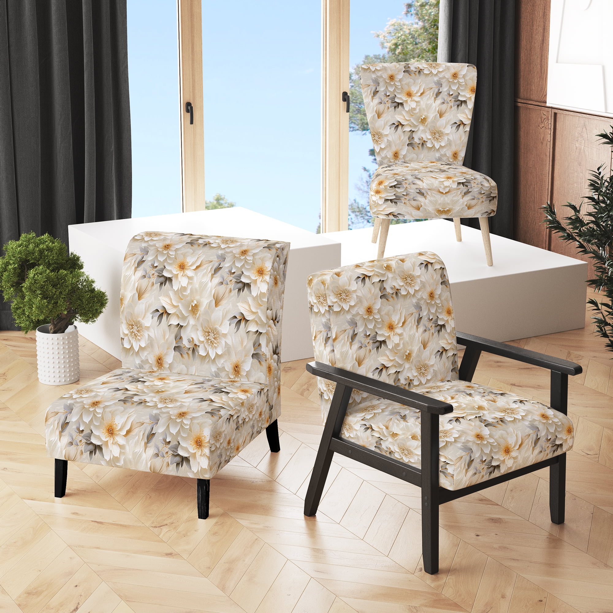 Designart "Chrysanthemum Purity" White Floral Upholstered Accent Chair ...