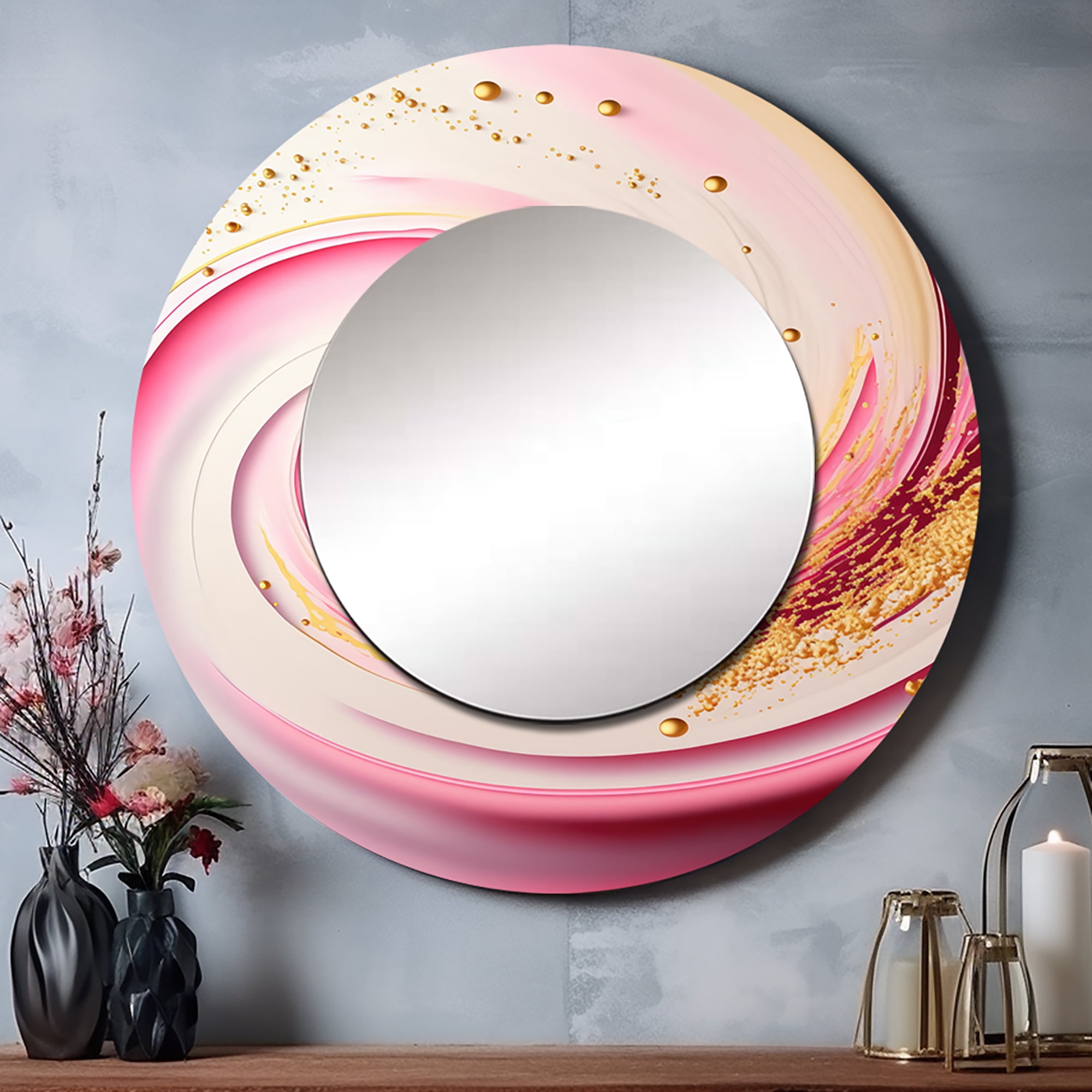 Designart "Circular Pink and Gold Abstraction I" Abstract Rund Mirror ...