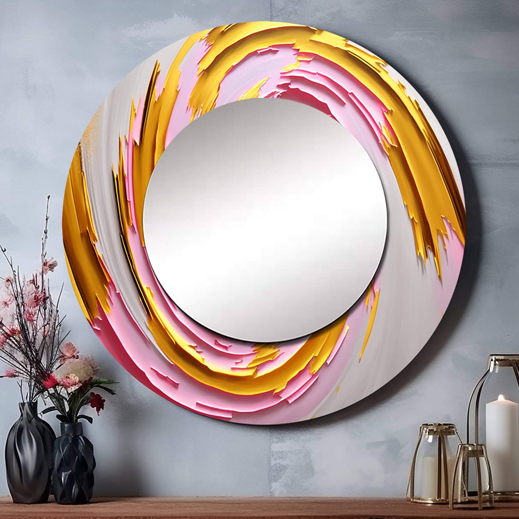 Designart "Circular Pink Watercolor Abstraction I" Abstract Rund Mirror ...