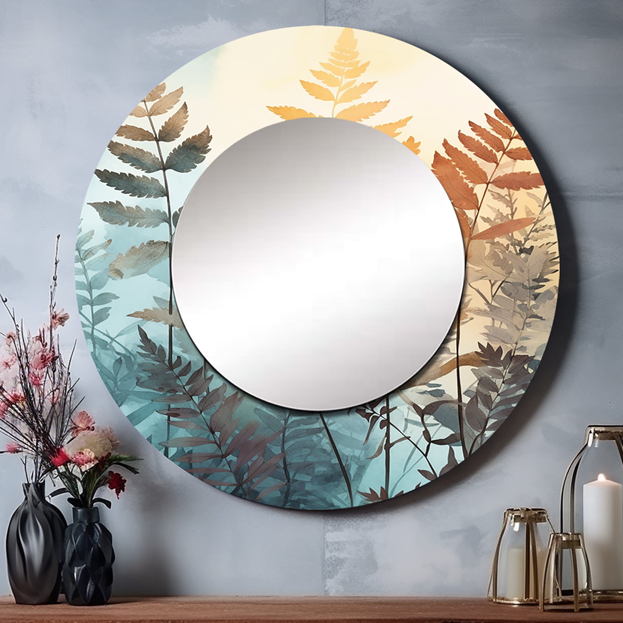 Designart "Citrus Frond Imagination" Floral Ferns Round Mirror Wall ...
