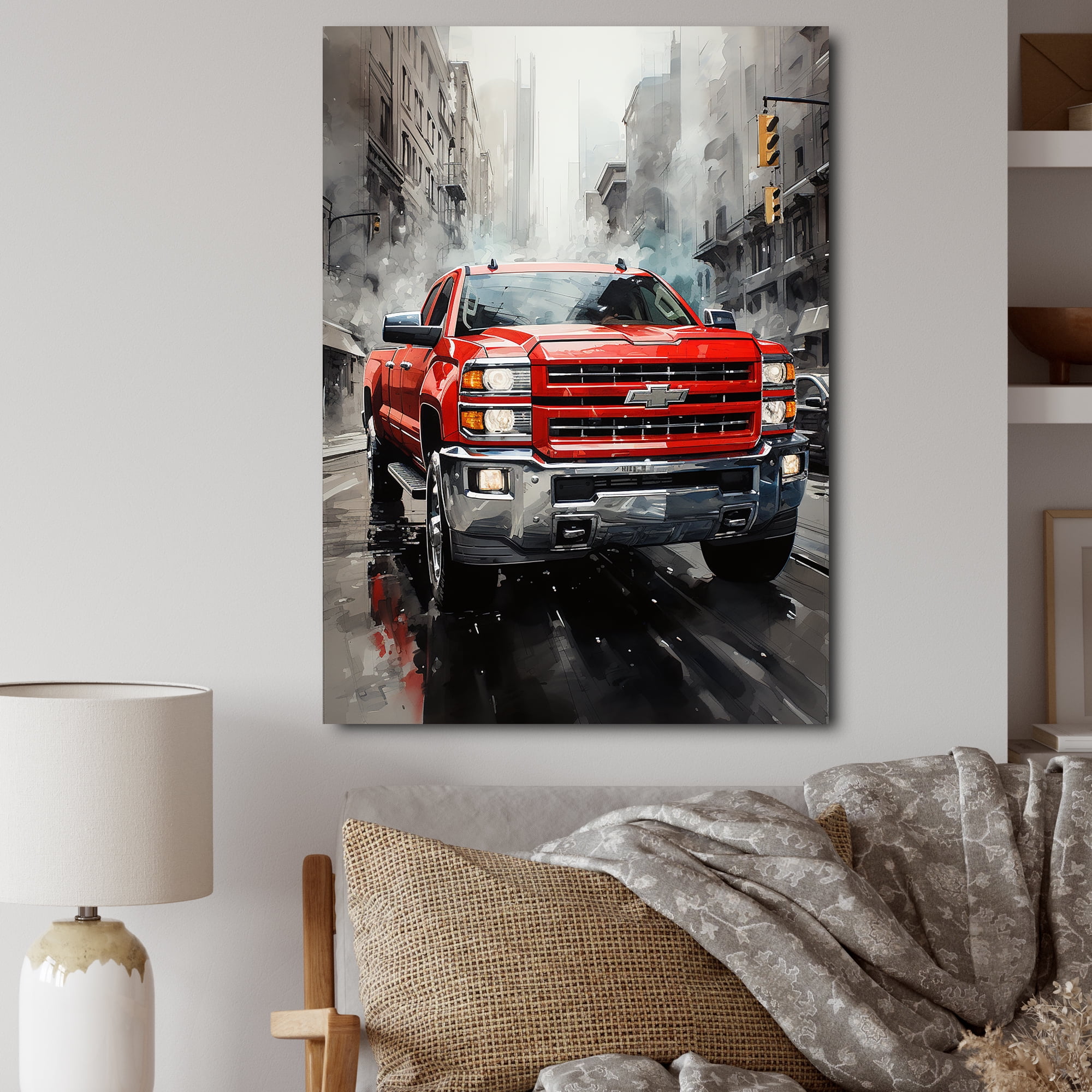 Designart "Cityscape Hauler Red Pickup Truck Adventure I" Pickup Truck ...