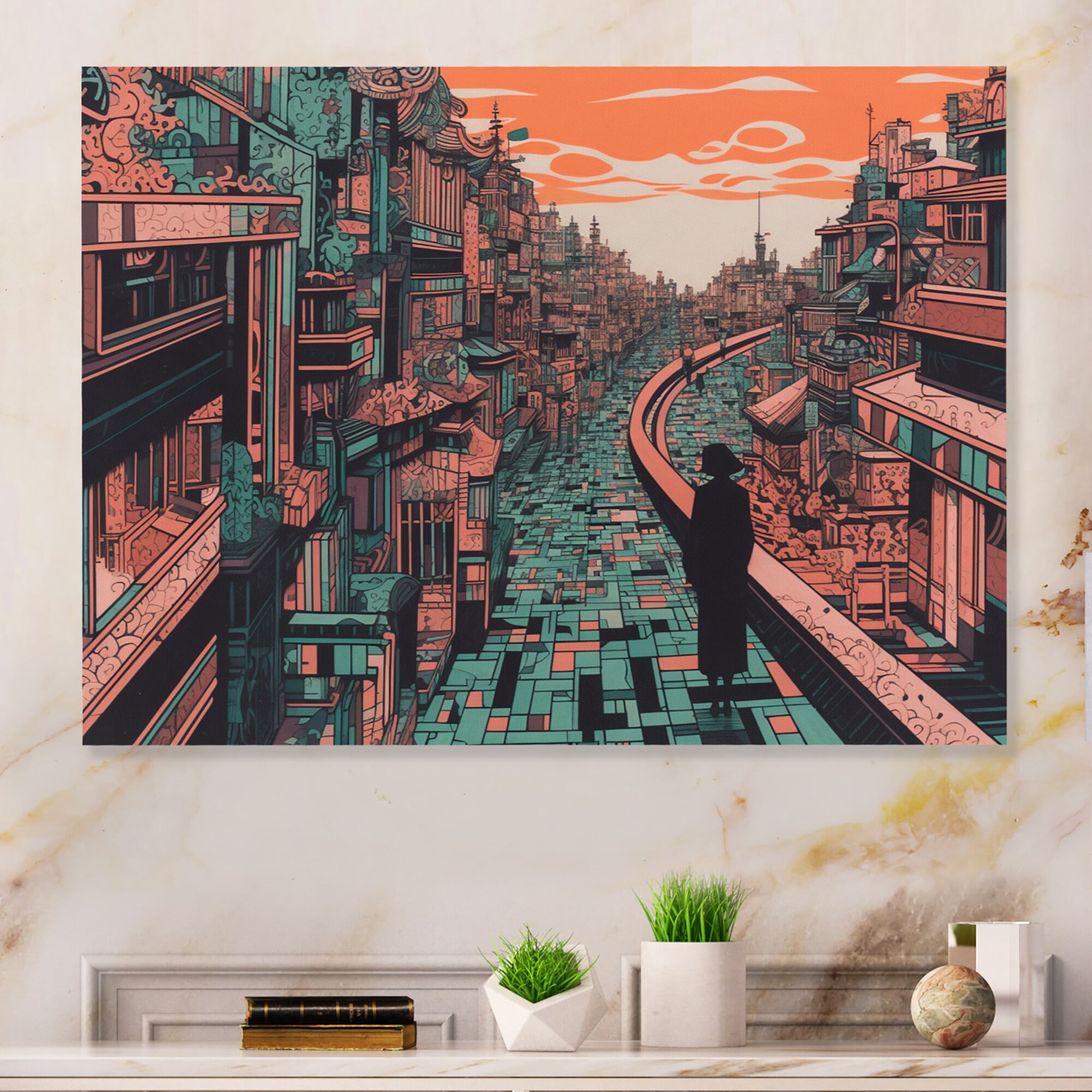 Designart "Cityscape Unveiled in Orange and Green" City Art Deco Metal ...
