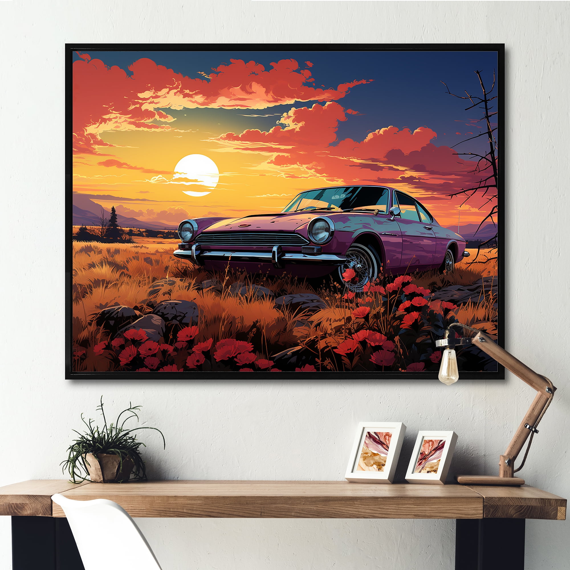 Designart "Classic American Vibes Pink and Yellow Sunset Ride ...