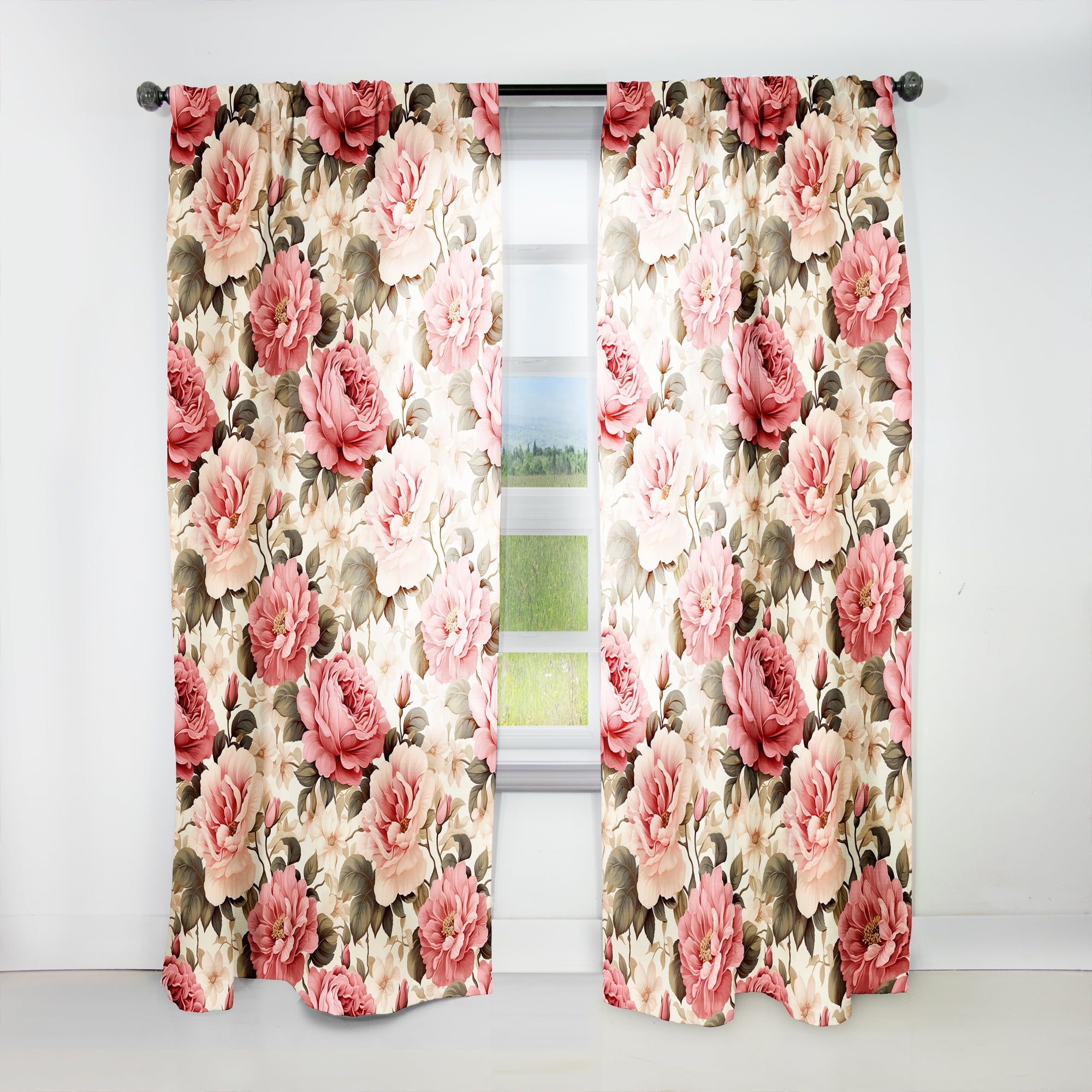 Designart "Classic Beige Vintage Flora V" Floral Pink, Green Curtain 1 ...