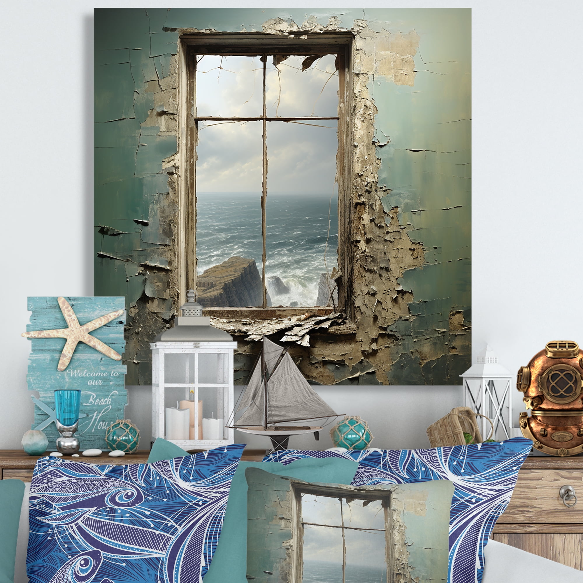 Designart "Cliffside View from Window" Coastal Wall Art - Coastal Green ...