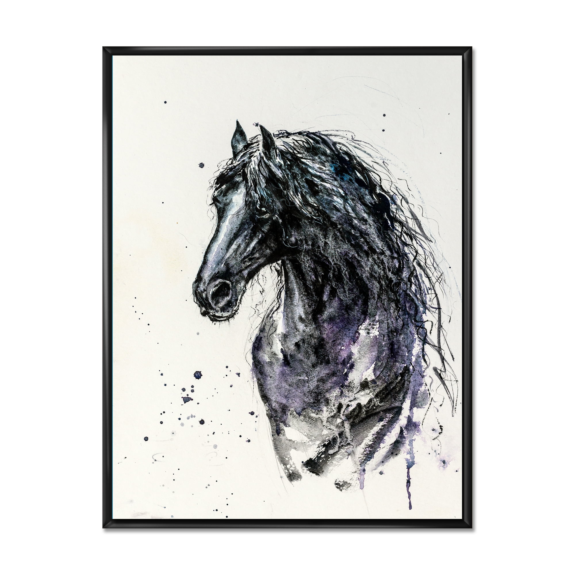 Designart 'Close Up of Friesian Horse With Long Manes' Farmhouse Framed ...