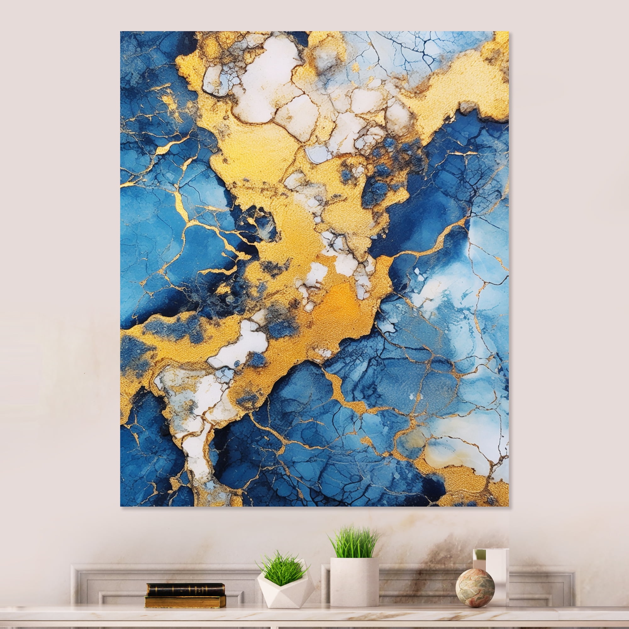 Designart "Clouds of Blue and Gold Marble IV" Fractals Metal Wall Art ...