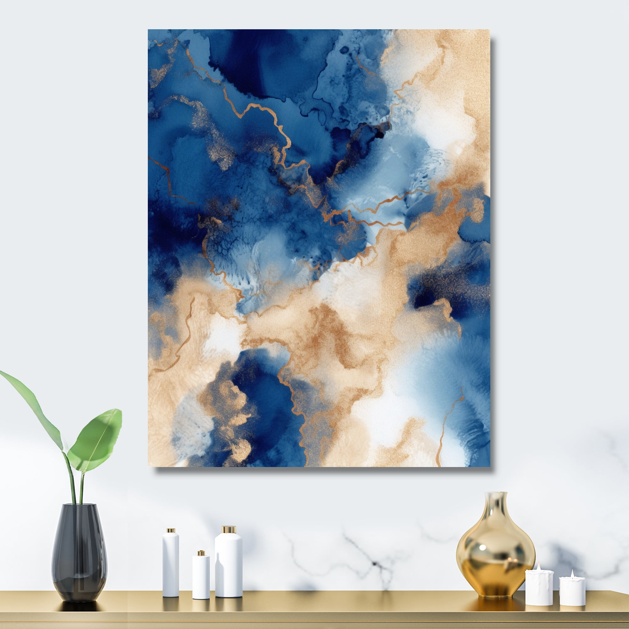 Designart "Clouds of Blue and Gold Marble XII" Fractals Metal Wall Art ...
