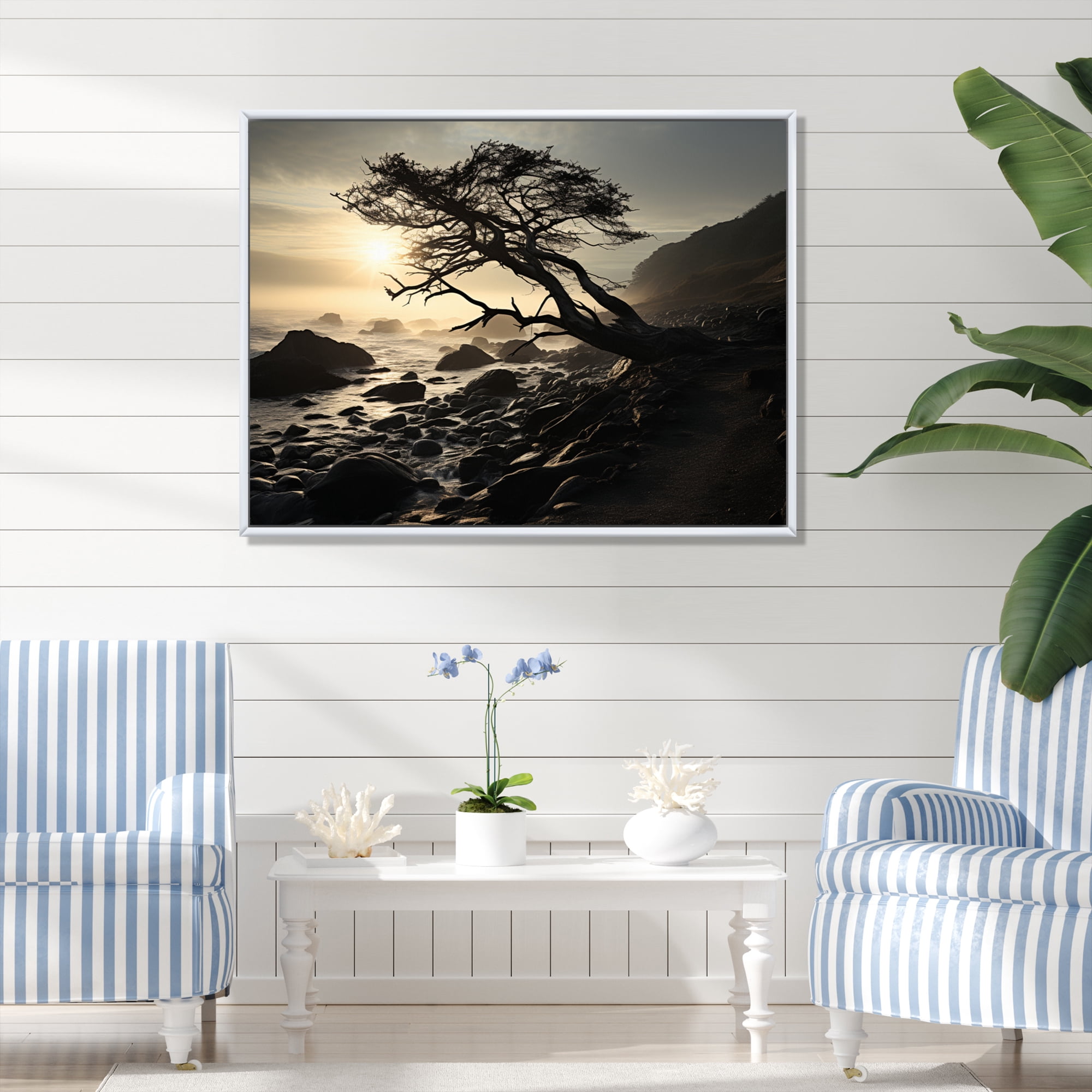 Designart "Coastal Calm Beach Photo II" Nautical & Beach Floater Framed ...