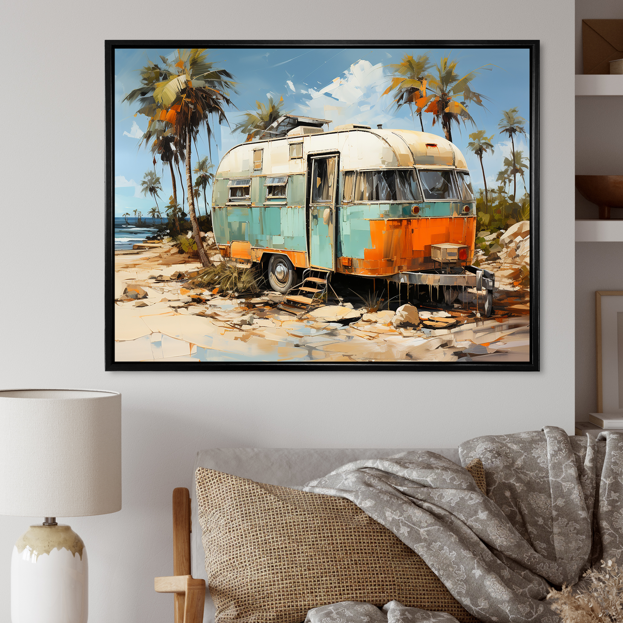 Designart "Coastal Camping Van in Pop Art Style" Landscapes Framed Wall ...