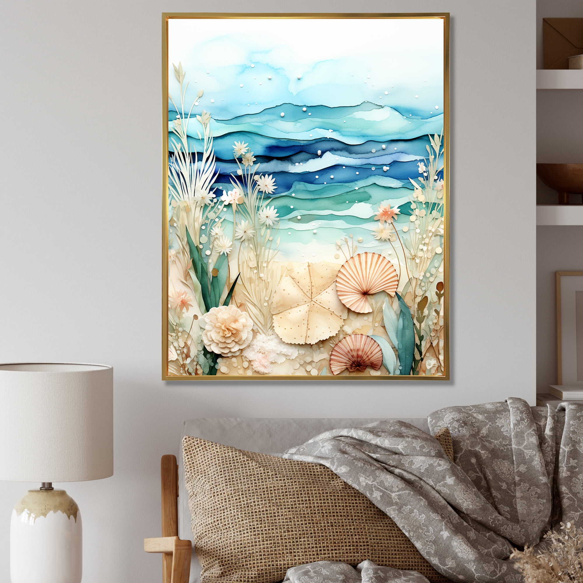 Designart "Coastal Collages with White and Blue Tiles" Abstract Framed ...