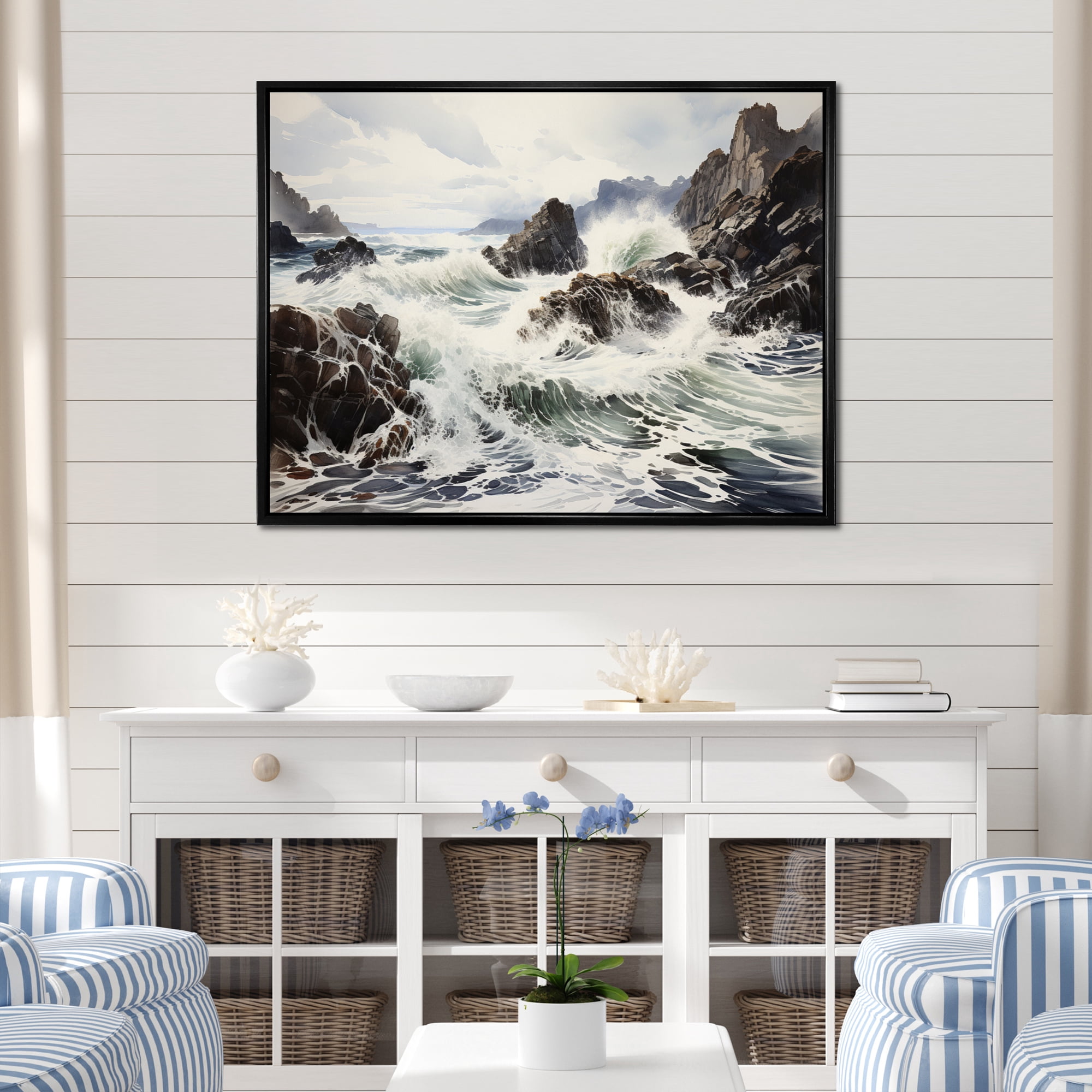 Designart "Coastal Drama Rocky Beach wall art" Nautical & Beach Floater ...