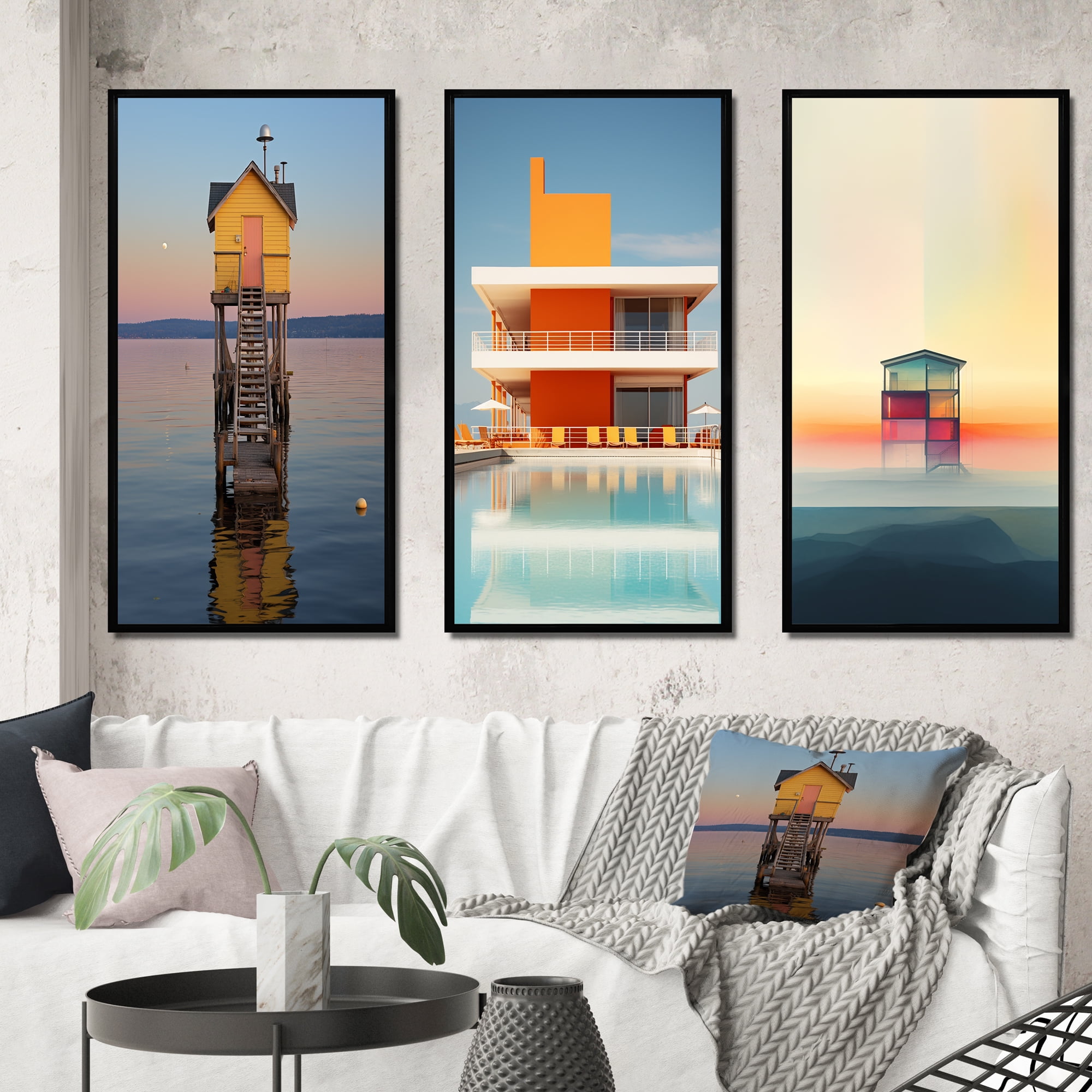 Designart "Coastal Minimalism Yellow Building in Water II" Beach Framed ...