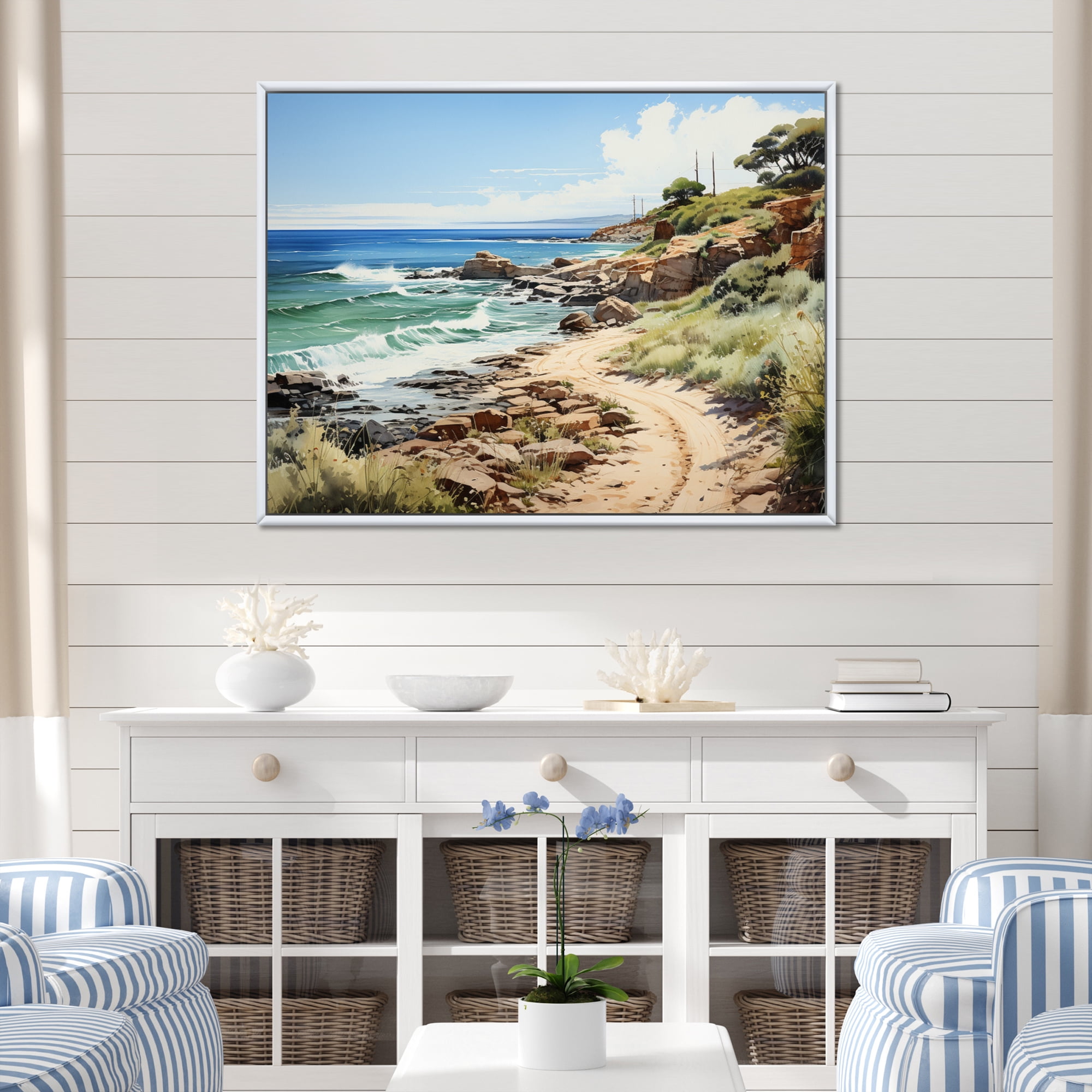 Designart "Coastal Pathway Rocky Beach painting" Nautical & Beach ...