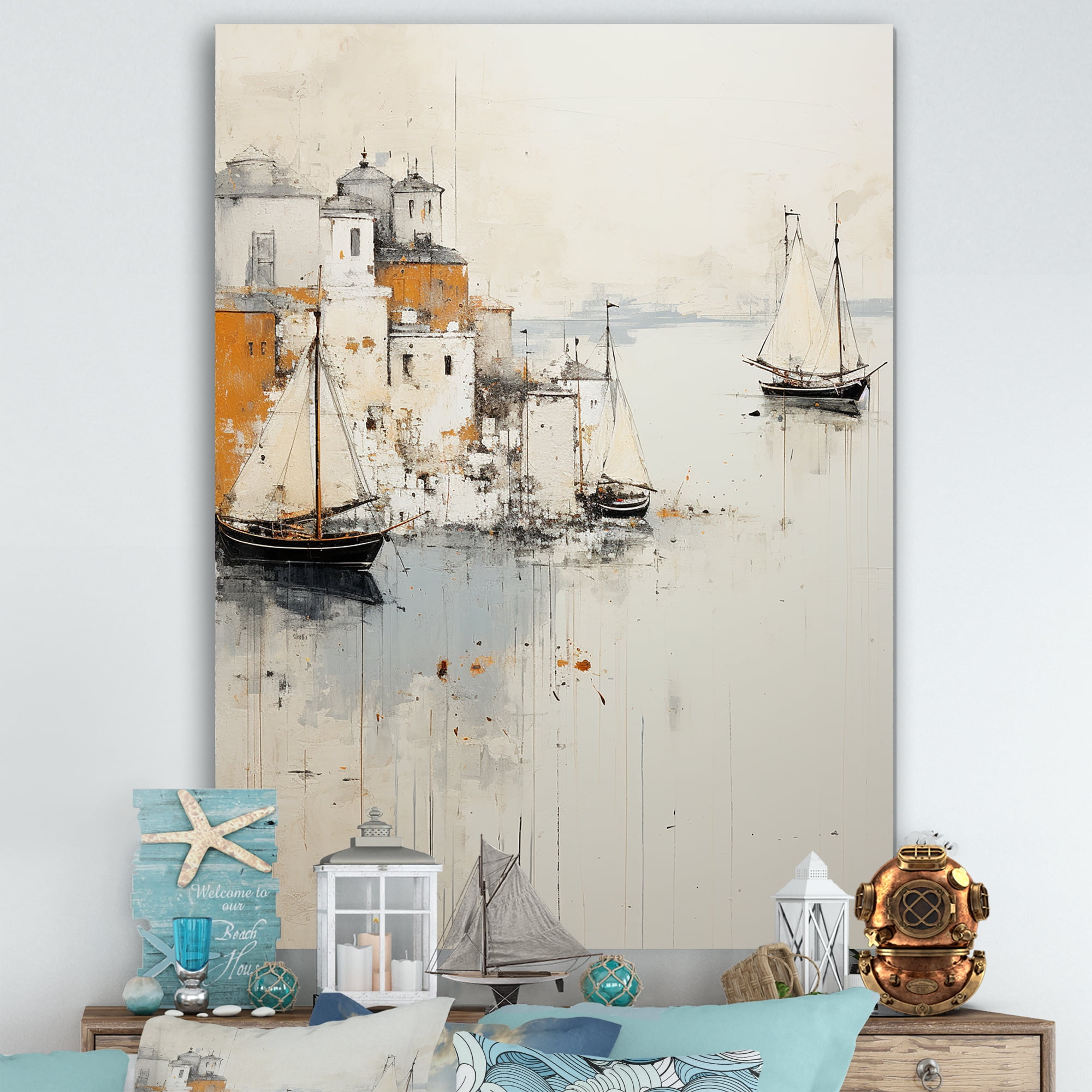 Designart "Coastal Port In Minimalist Style I" Port Landscape Wall Art ...