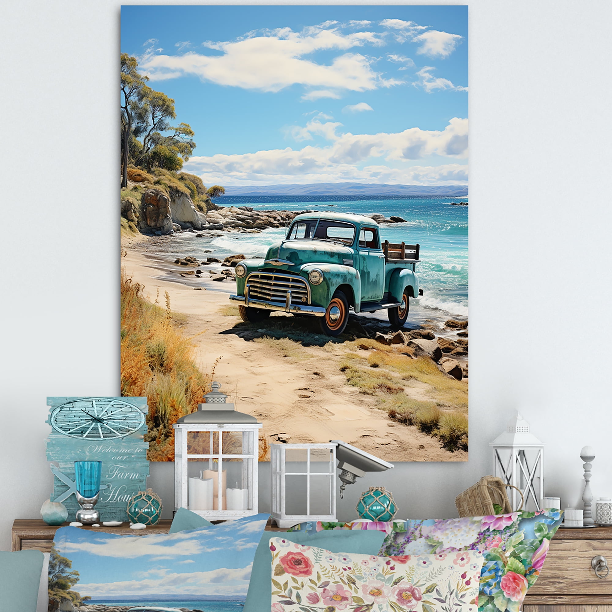 Designart "Coastal Retreat Blue Pickup Truck Journey II" Pickup Truck ...