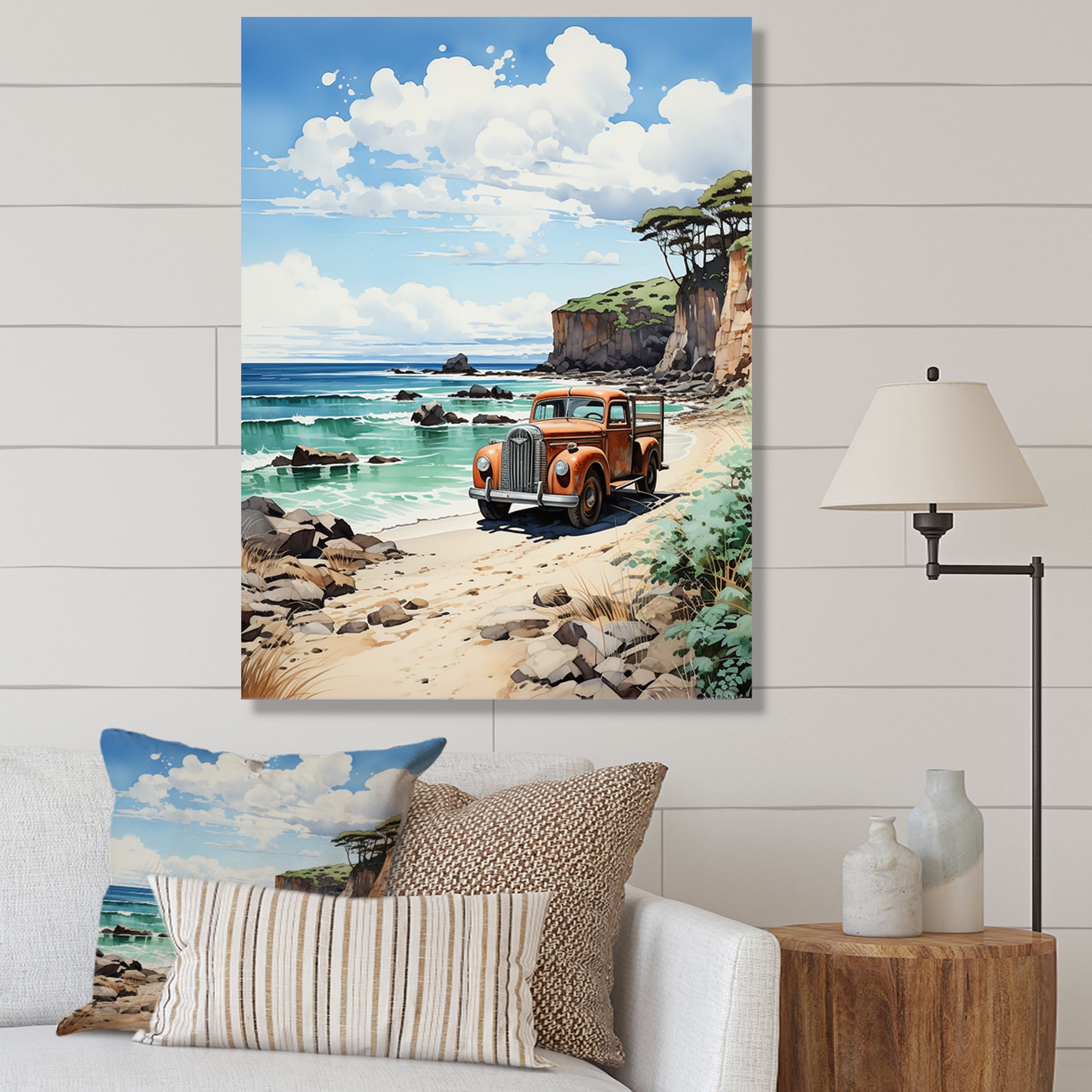 Designart "Coastal Retreat Coral Pickup Truck" Pickup Truck Canvas ...