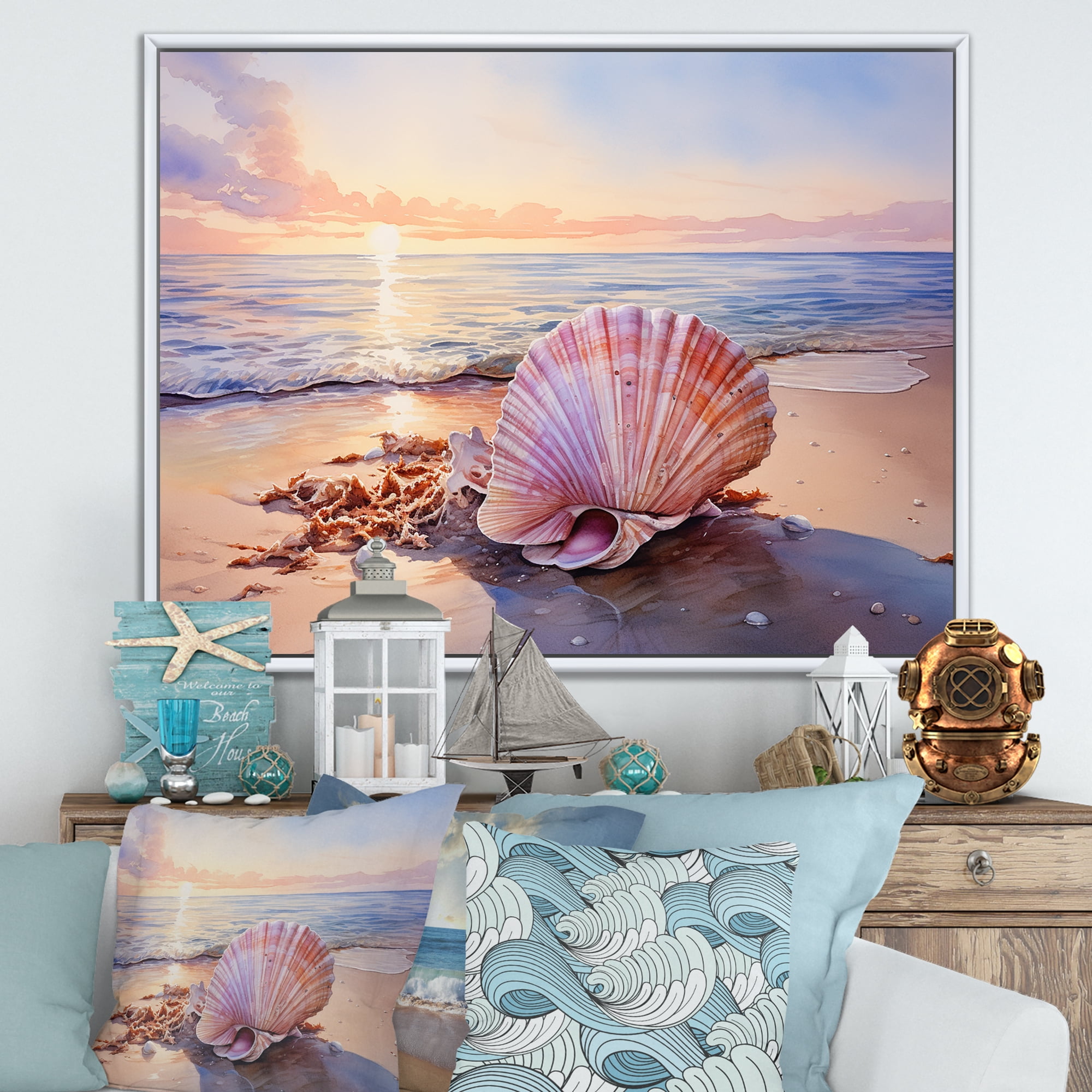 Designart "Coastal Treasures Sunset Seashell Collection II" Coastal ...